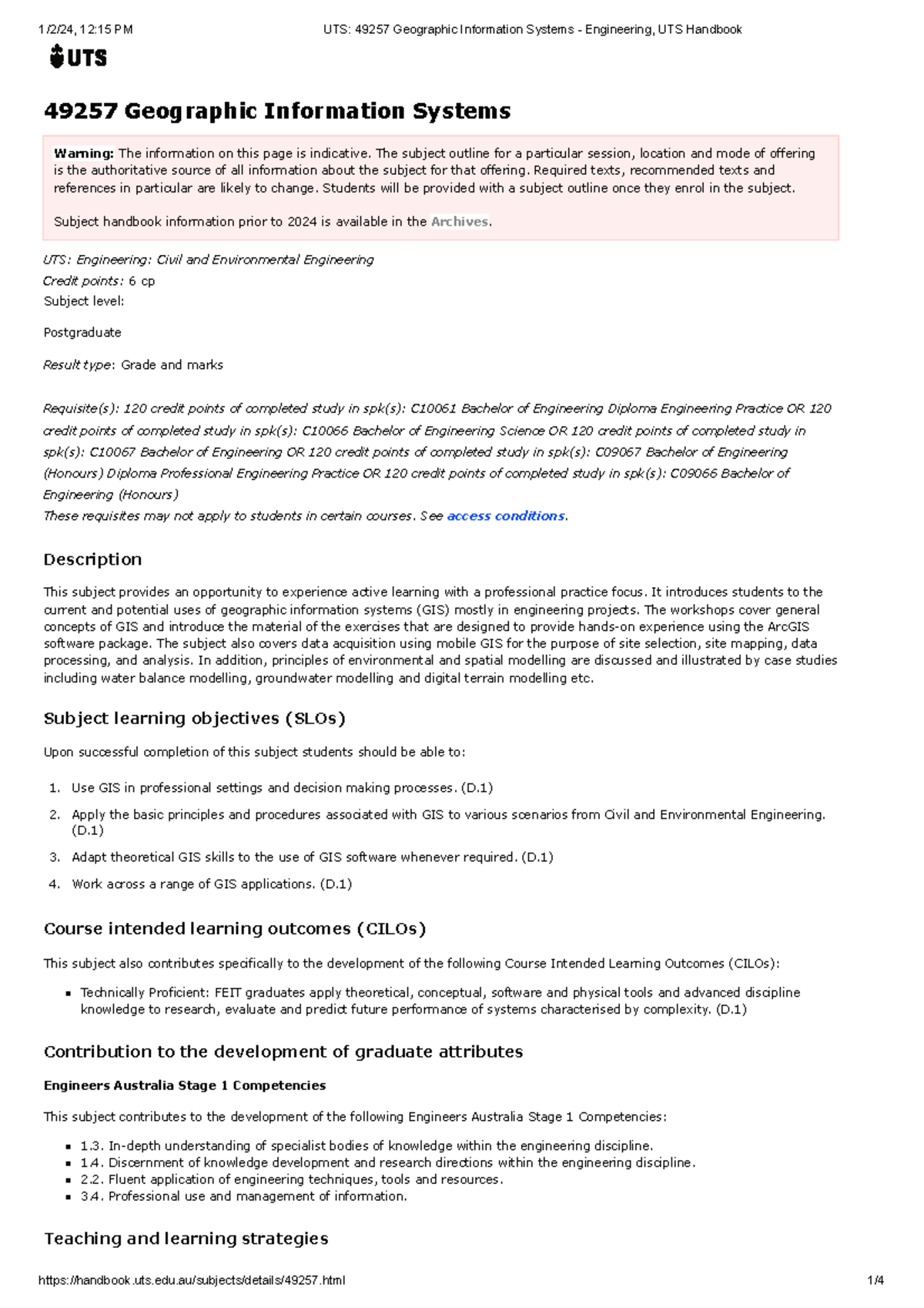 UTS 49257 Geographic Information Systems - Engineering, UTS Handbook ...