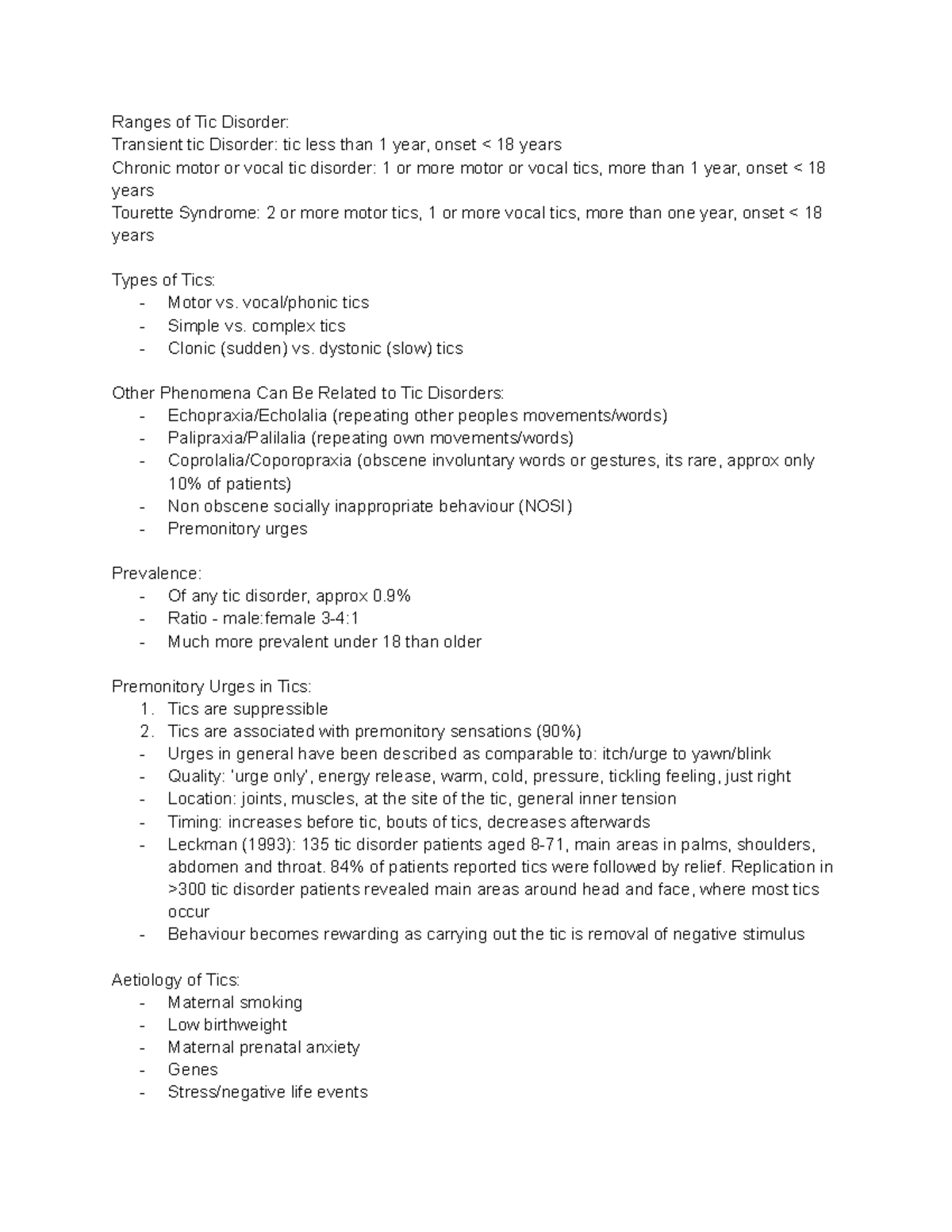 PSYC3002 Week 3 Tics and OCD - Ranges of Tic Disorder: Transient tic ...