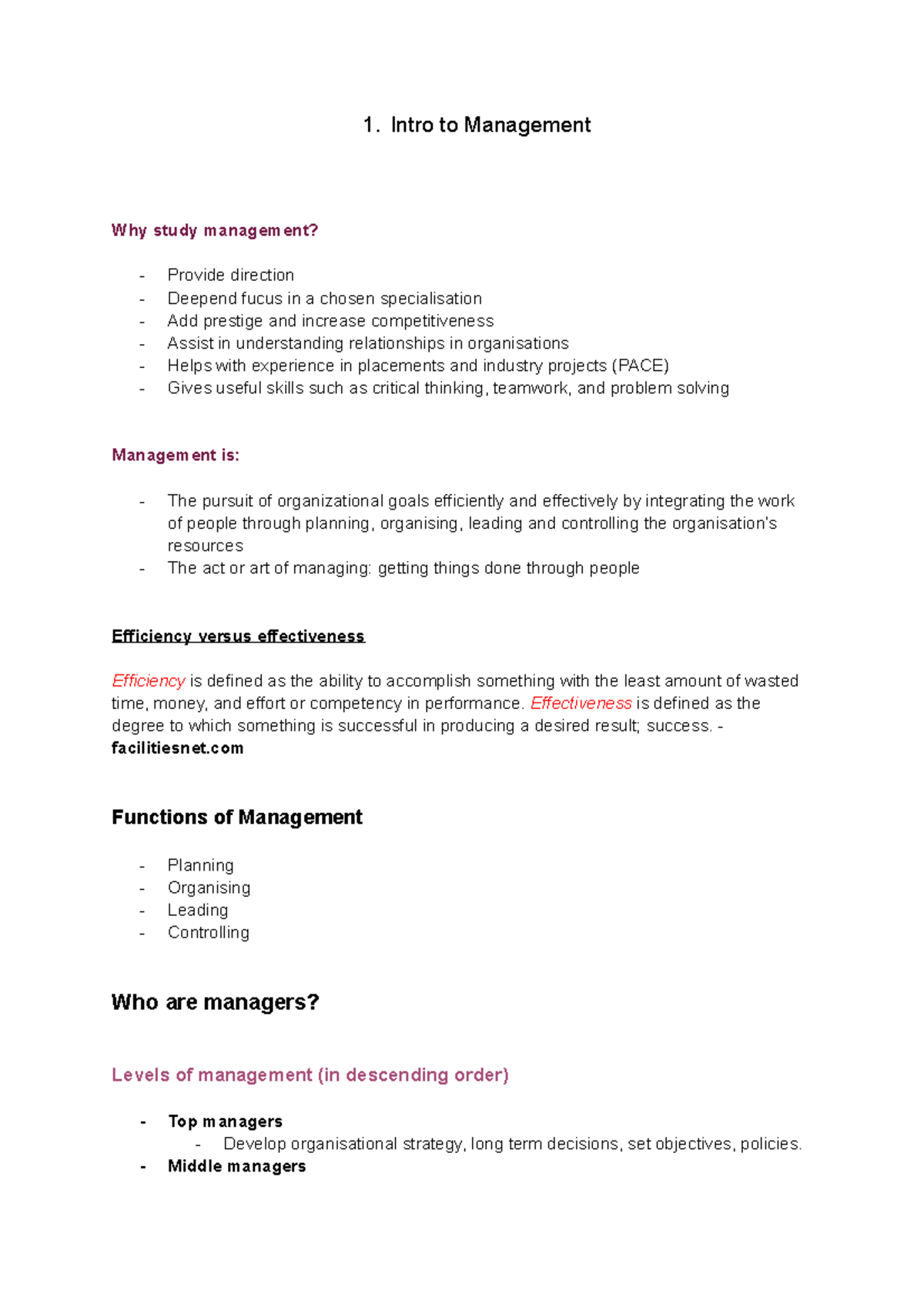 MGMT1002 Semester 1 Notes - 1. Intro to Management Why study management ...