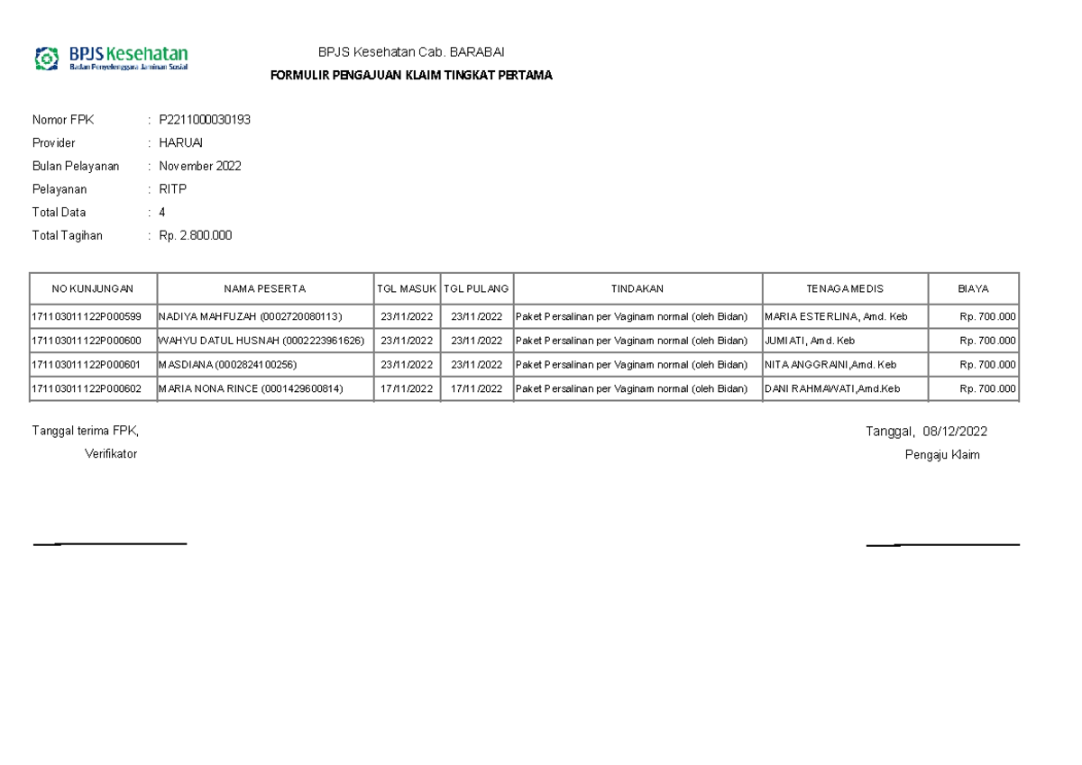 FPK Persalinan NOV 2022 - P HARUAI FORMULIR PENGAJUAN KLAIM TINGKAT PERTAMA BPJS Kesehatan Cab ...