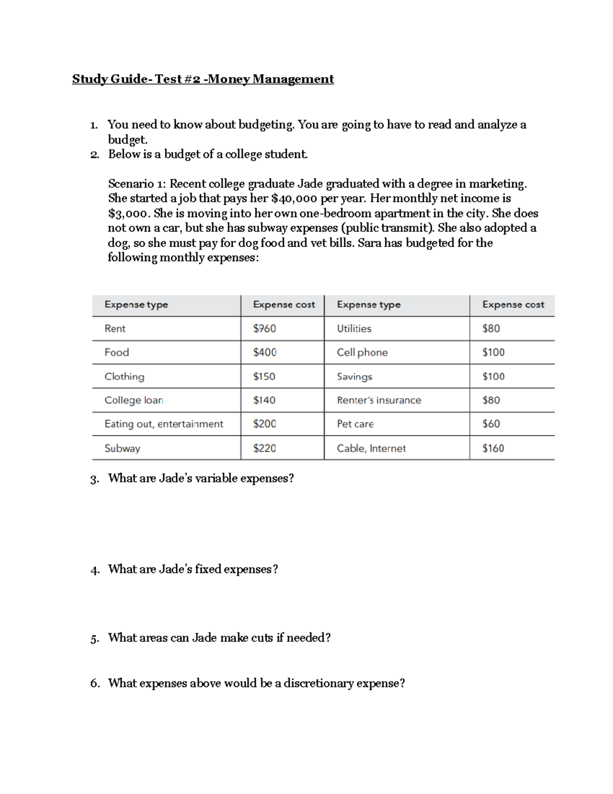 SG Test 2 EPF- Money Management - Study Guide- Test #2 -Money ...
