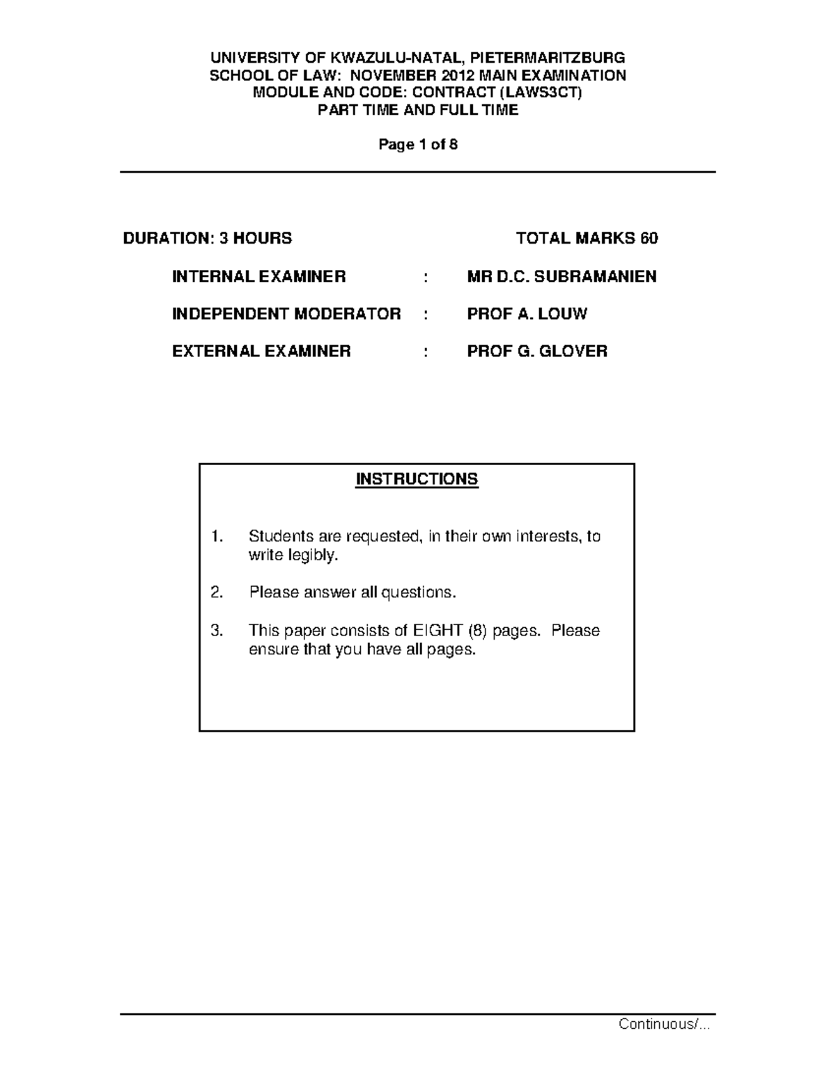 Exam 5 December 2012, questions - SCHOOL OF LAW: NOVEMBER 2012 MAIN ...