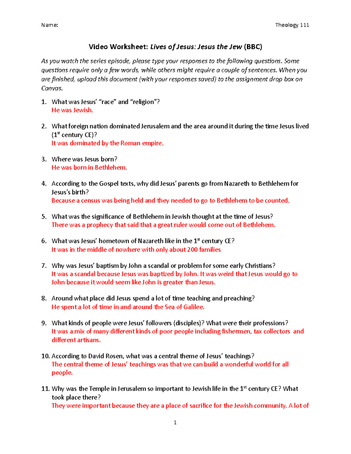THEO 111 - Video Worksheet - Lives of Jesus - Jesus the Jew - Name ...
