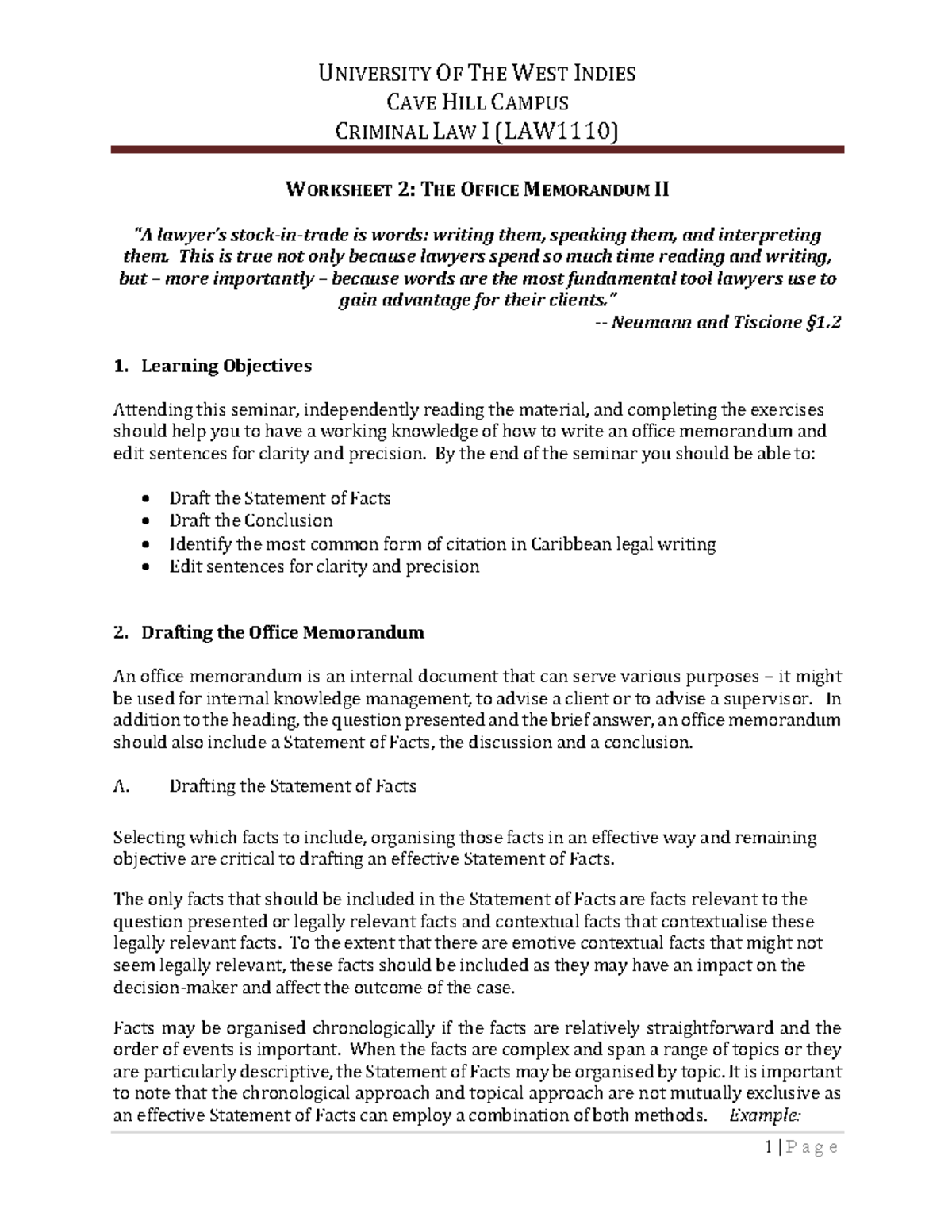 Criminal Law Tutorial Worksheet- The Office Memorandum II - CAVE HILL ...