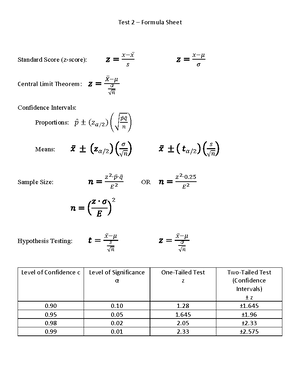 Test 1 Formula Sheet - Test 1 Formula Sheet Means: ∑ ௫ ௡ Weighted Mean ...