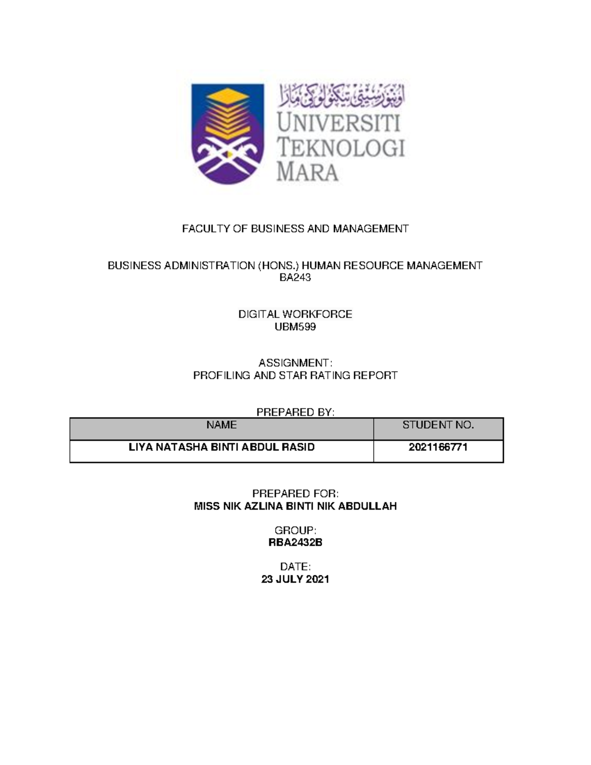 Profiling AND STAR Rating Report - Digital Workforce - UiTM - Studocu