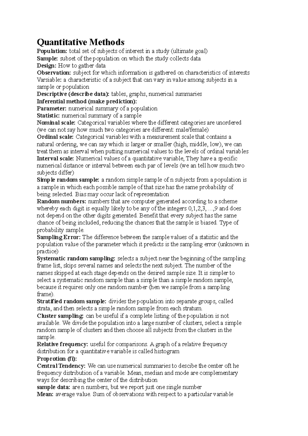 Quantitative Methods - Quantitative Methods Population: total set of ...