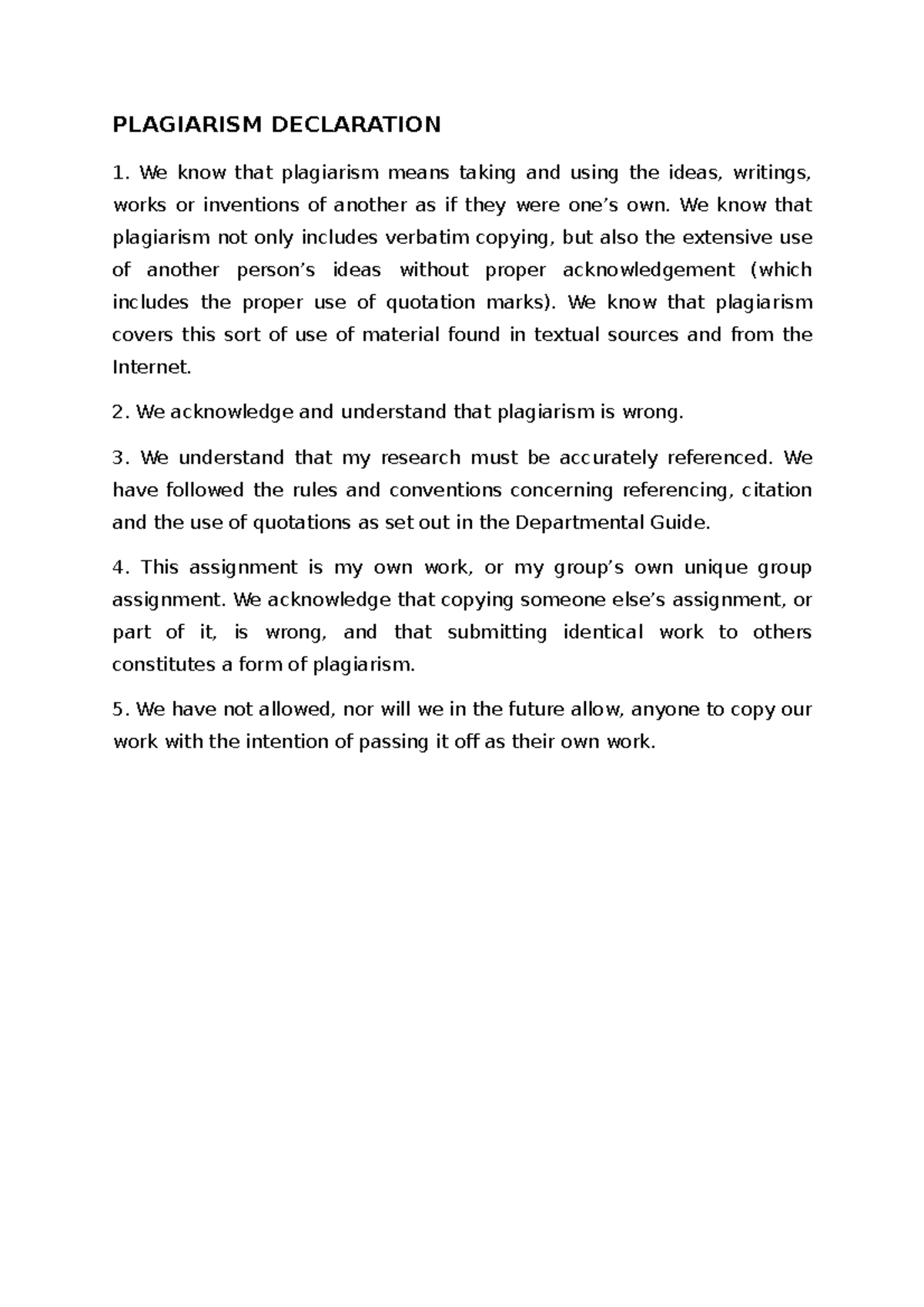 Plagiarism Declaration - PLAGIARISM DECLARATION We know that plagiarism ...