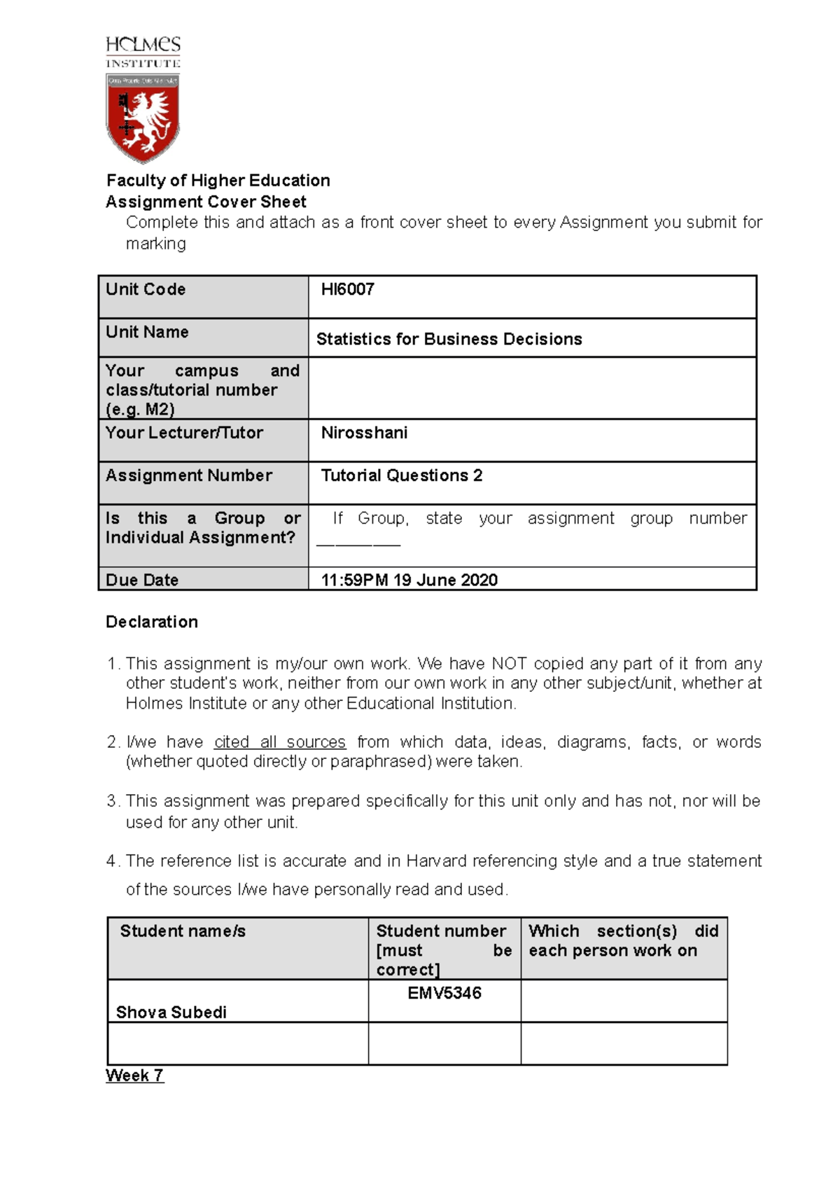 Statistics 2ND Tutorial Individual Assignment - Faculty of Higher ...