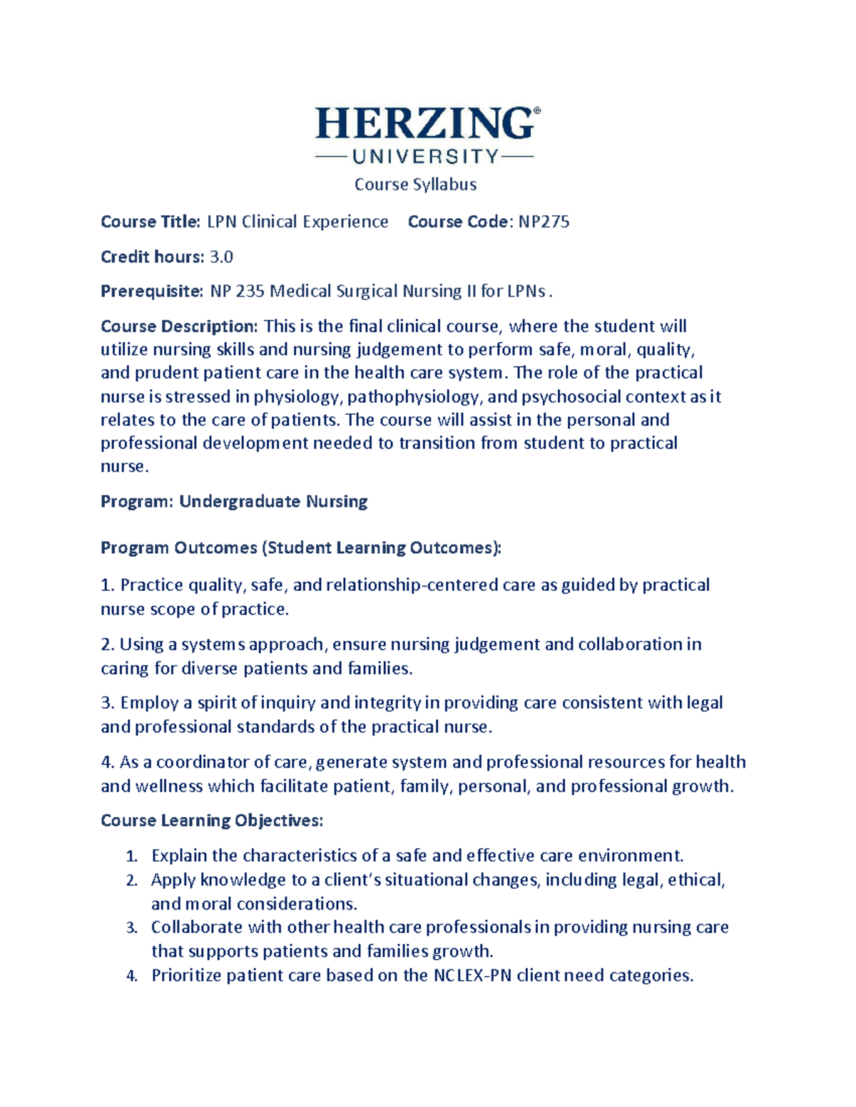 NP275 Course Syllabus 12 - Course Syllabus Course Title: LPN Clinical ...