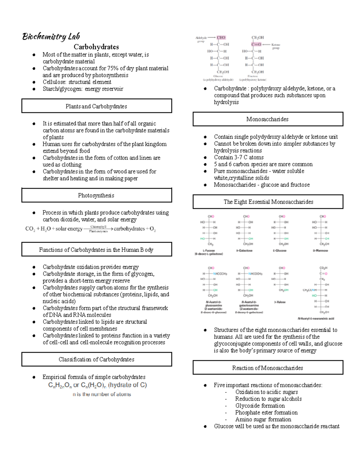 Carbohydrates - Biochemistry - Biochemistry Lab Carbohydrates Most of ...