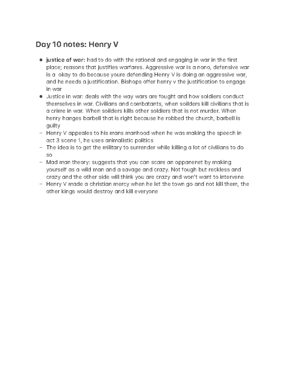 Day 10 notes: Henry V - D"y 10 notes: Henry V – – – – justice of w"r: h ...
