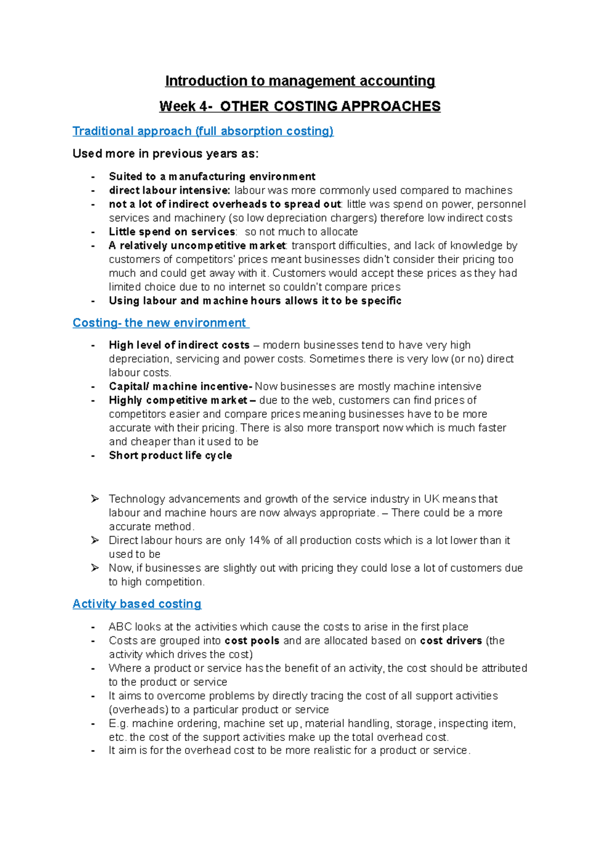 Introduction to management accounting note week 4 - Introduction to ...