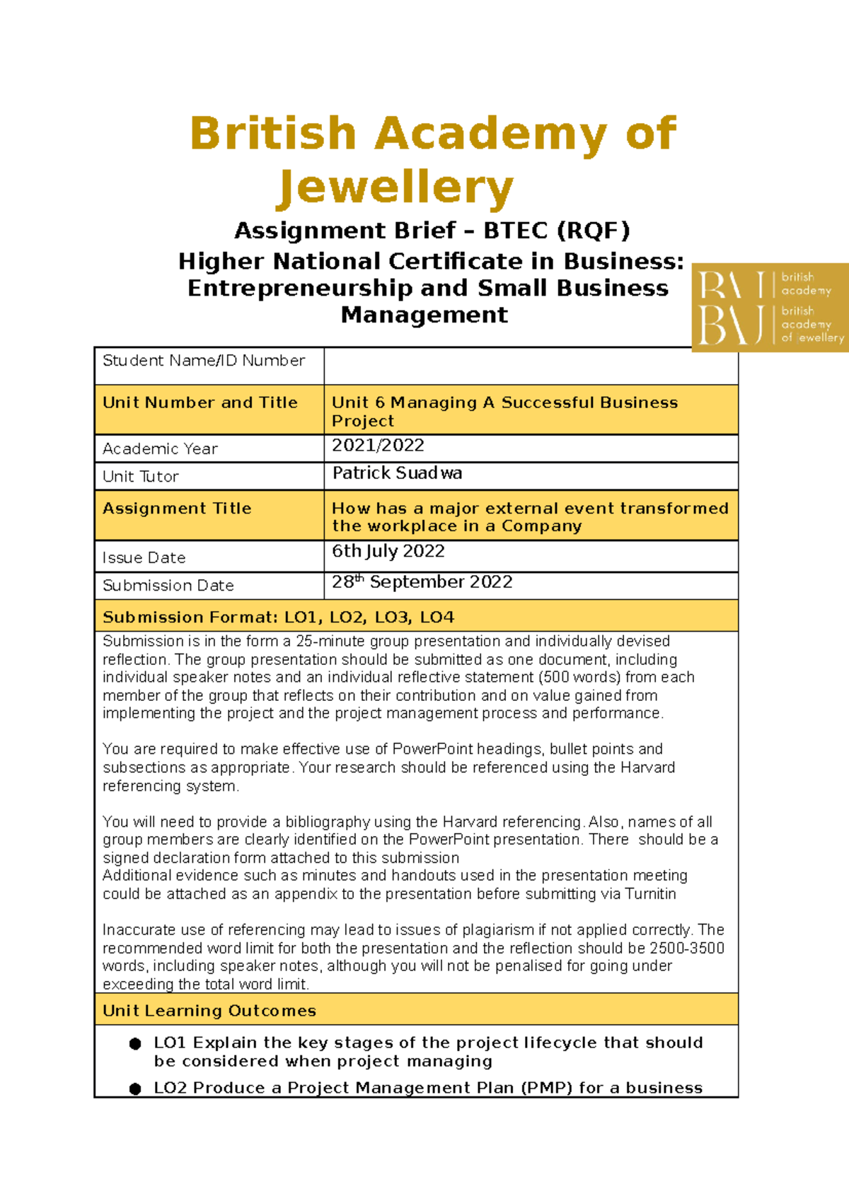 Managing A Successful Business Project Assignment Feb - British Academy ...