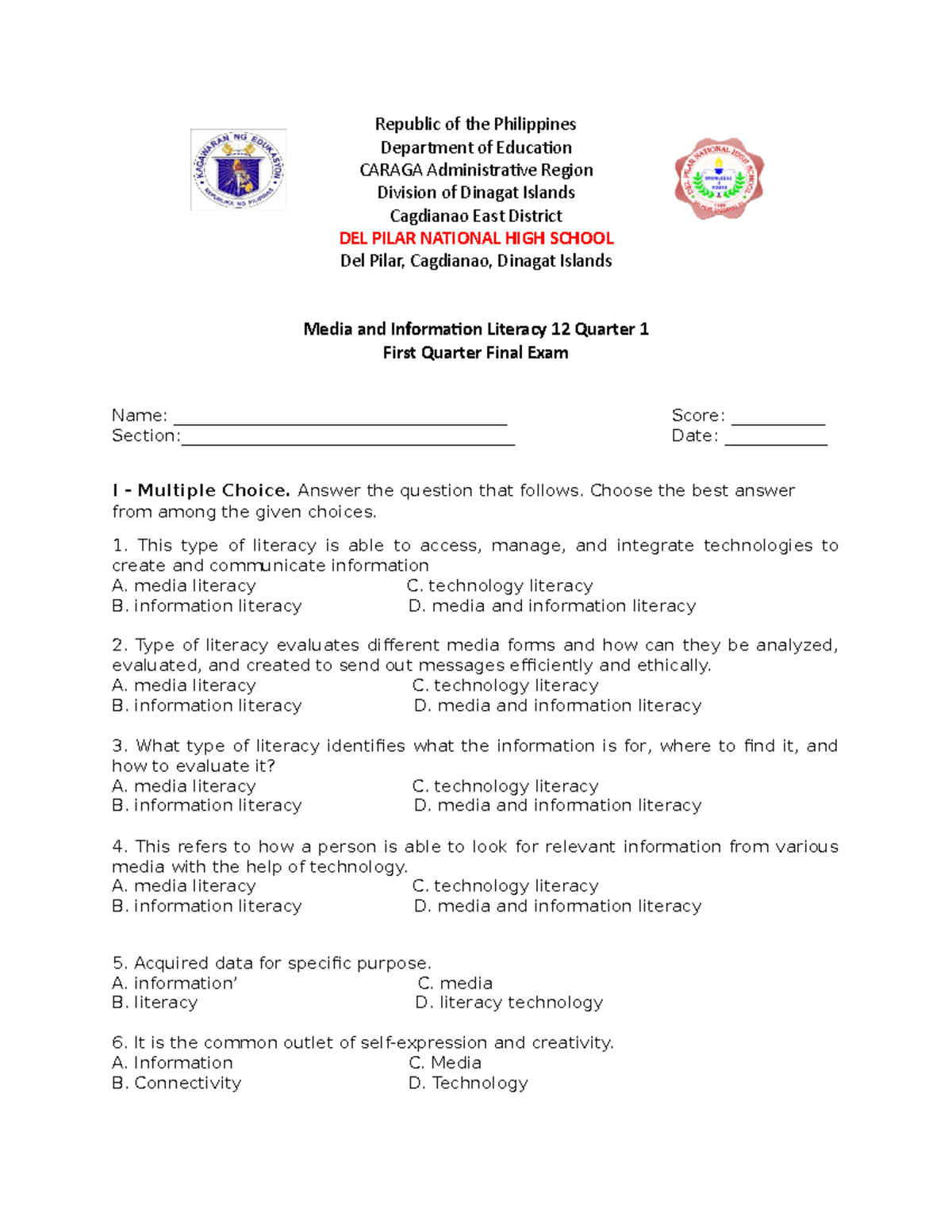 MIL 1st Quarter Exam-1 - This document has all the question in that ...