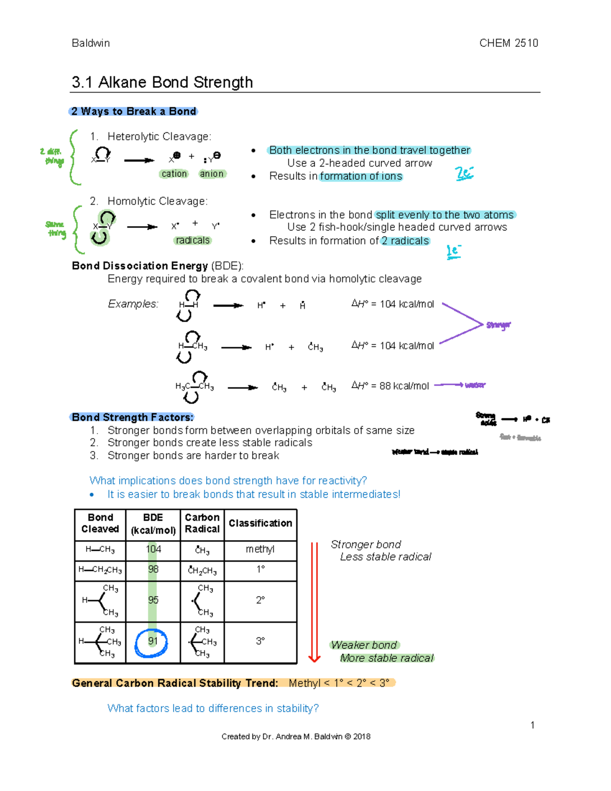 Chapter 3 Notes - 1 3 Alkane Bond Strength 2 Ways to Break a Bond 1 ...