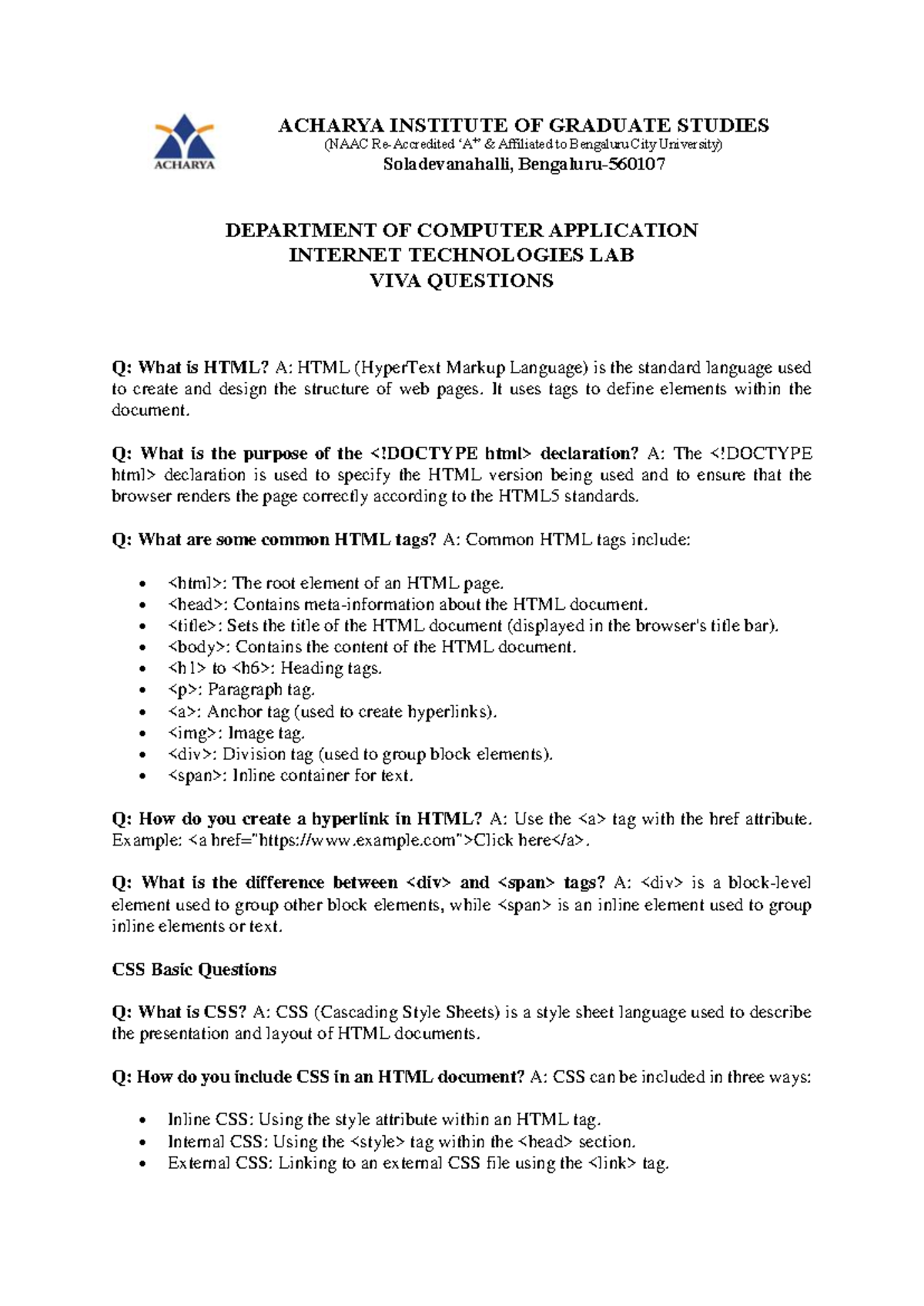 IT LAB VIVA - This is BCA document - ACHARYA INSTITUTE OF GRADUATE ...