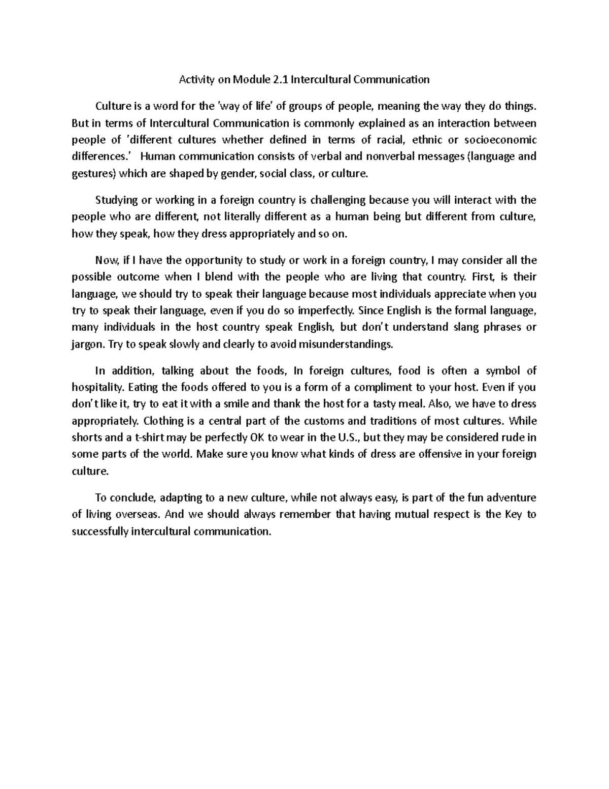 Activity on Module 2 - But in terms of Intercultural Communication is ...