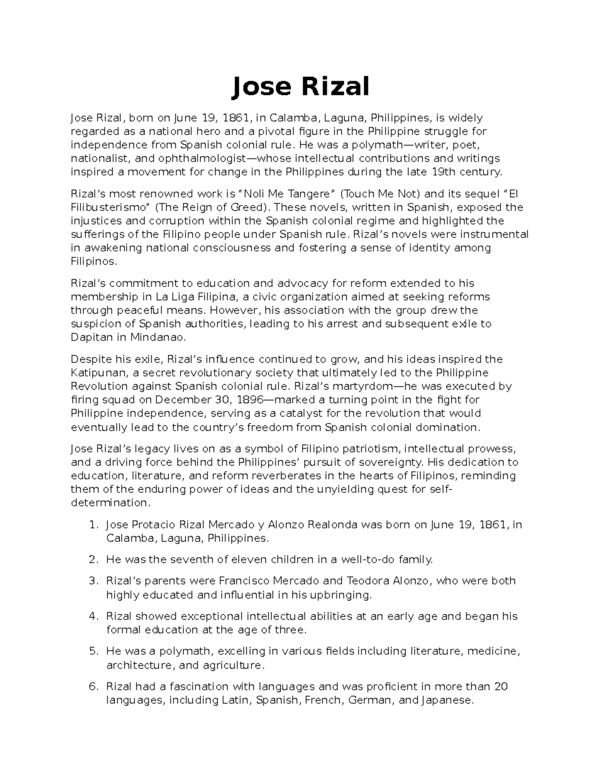 Jose Rizal - Jose Rizal Jose Rizal, born on June 19, 1861, in Calamba ...