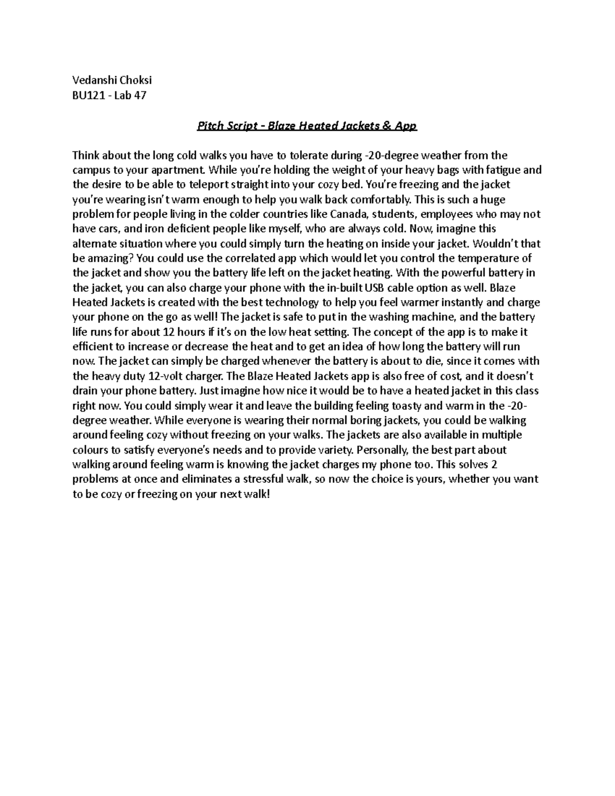 Pitch Script - practice material - Vedanshi Choksi BU121 - Lab 47 Pitch ...