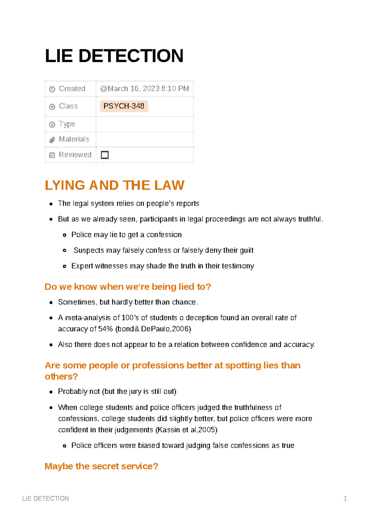 Psych 348-LIE Detection - LIE DETECTION Created Class PSYCH- Type ...