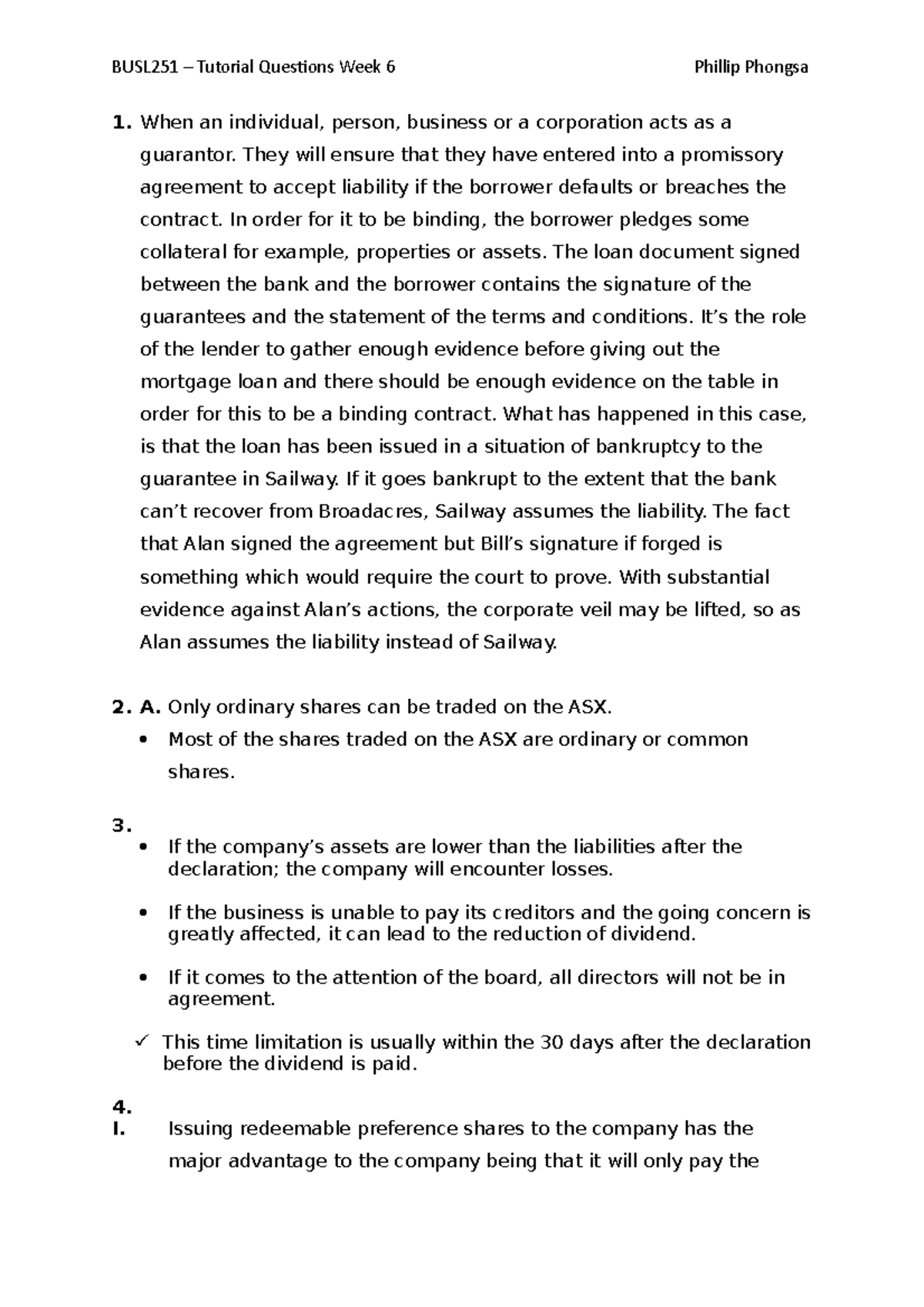 BUSL251 - Tutorial Questions WEEK 6 - BUSL251 – Tutorial Questions Week ...