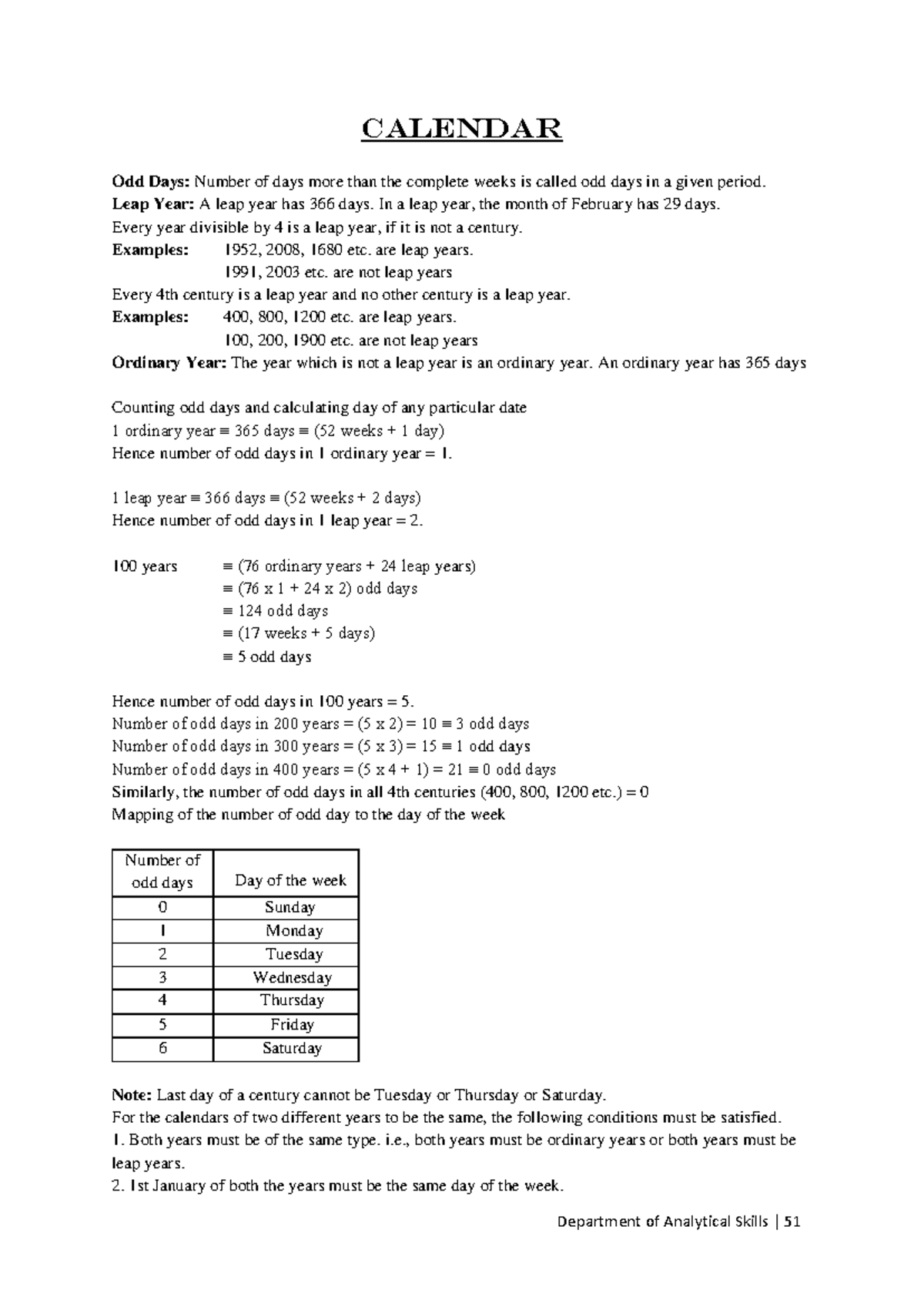 Calendar worksheet - CALENDAR Odd Days: Number of days more than the ...
