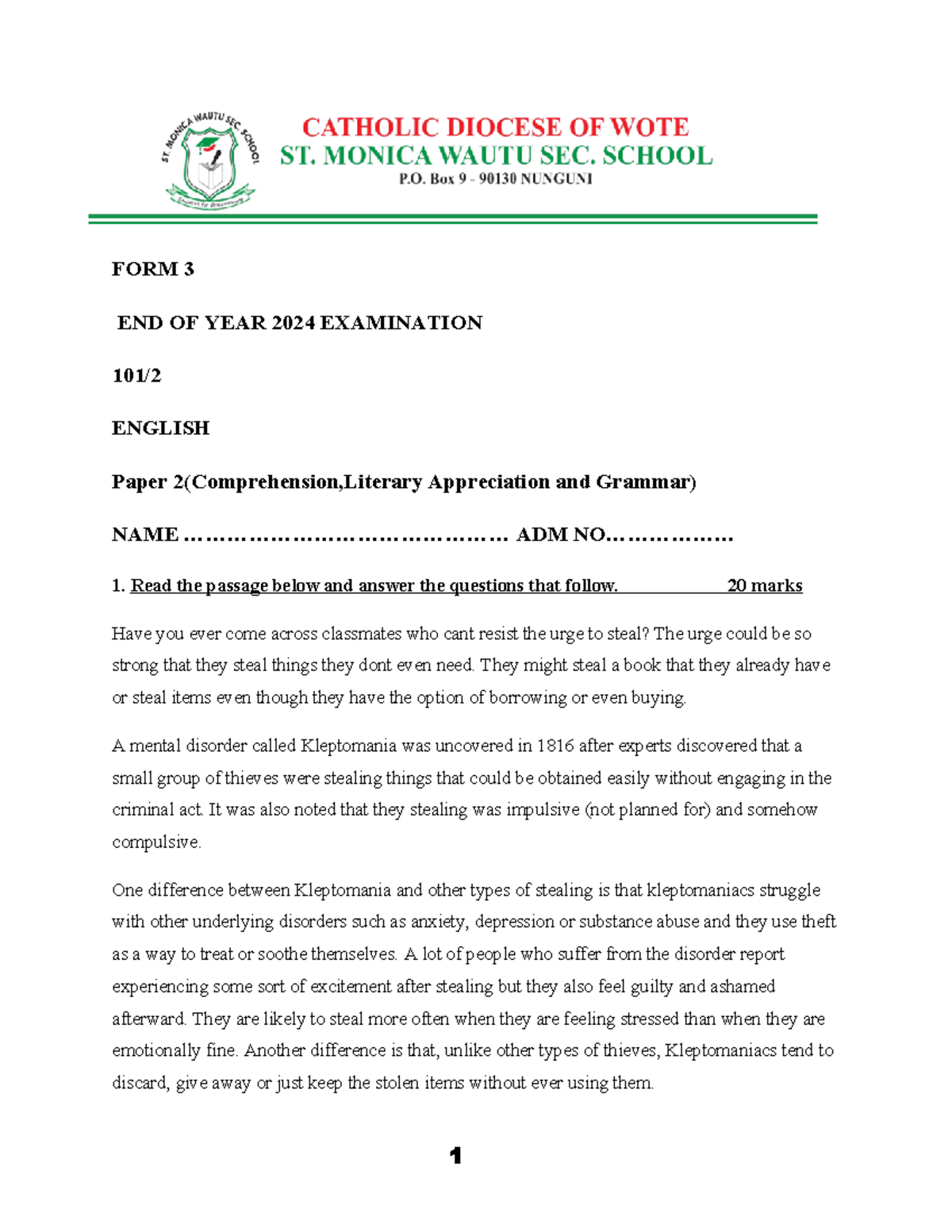 Form 3 pp2 exam english - Exam - FORM 3 END OF YEAR 2024 EXAMINATION ...