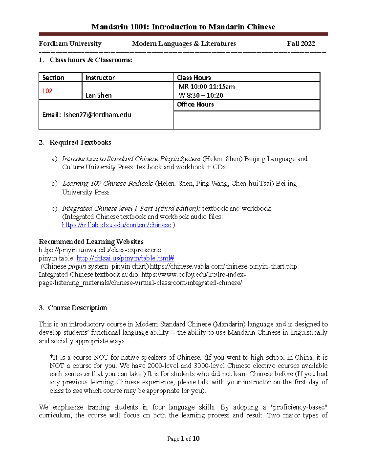Syllibus for Chinese - Fordham University Modern Languages ...