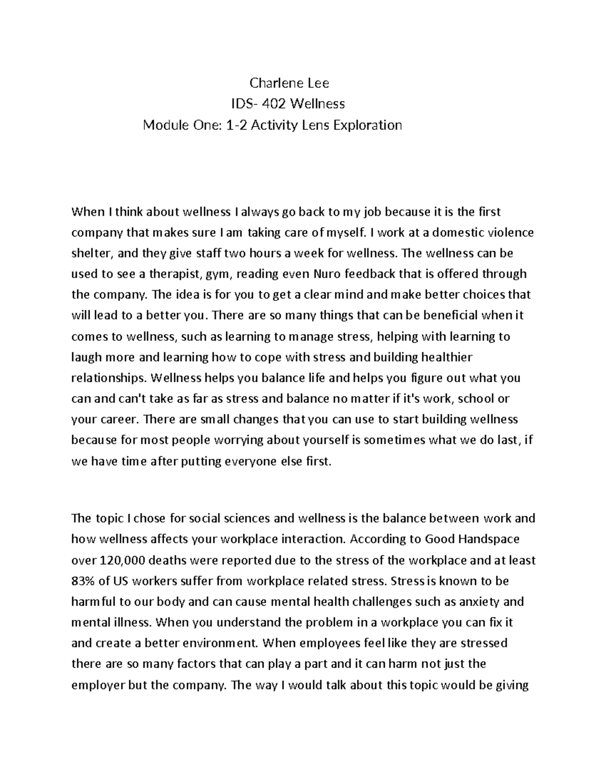 Lens 1-2 - business - Charlene Lee IDS- 402 Wellness Module One: 1-2 ...