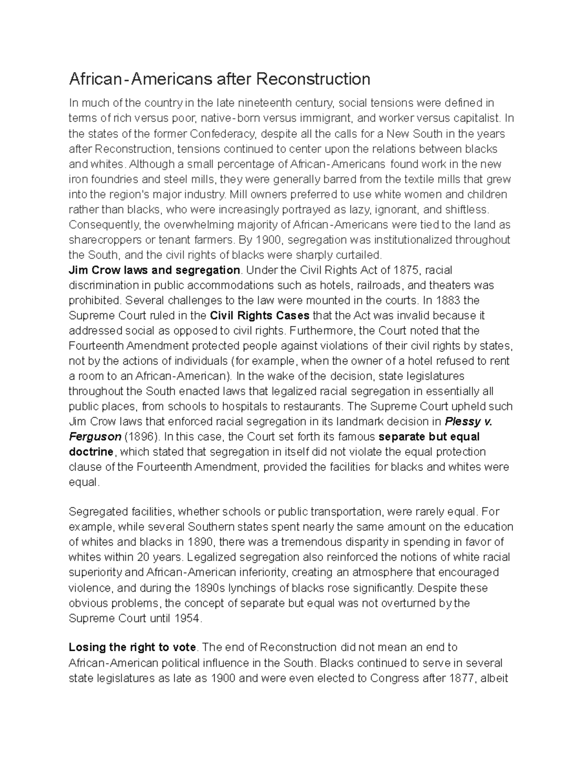 American Soceity and Culture 1865-1900 - African‐Americans after ...