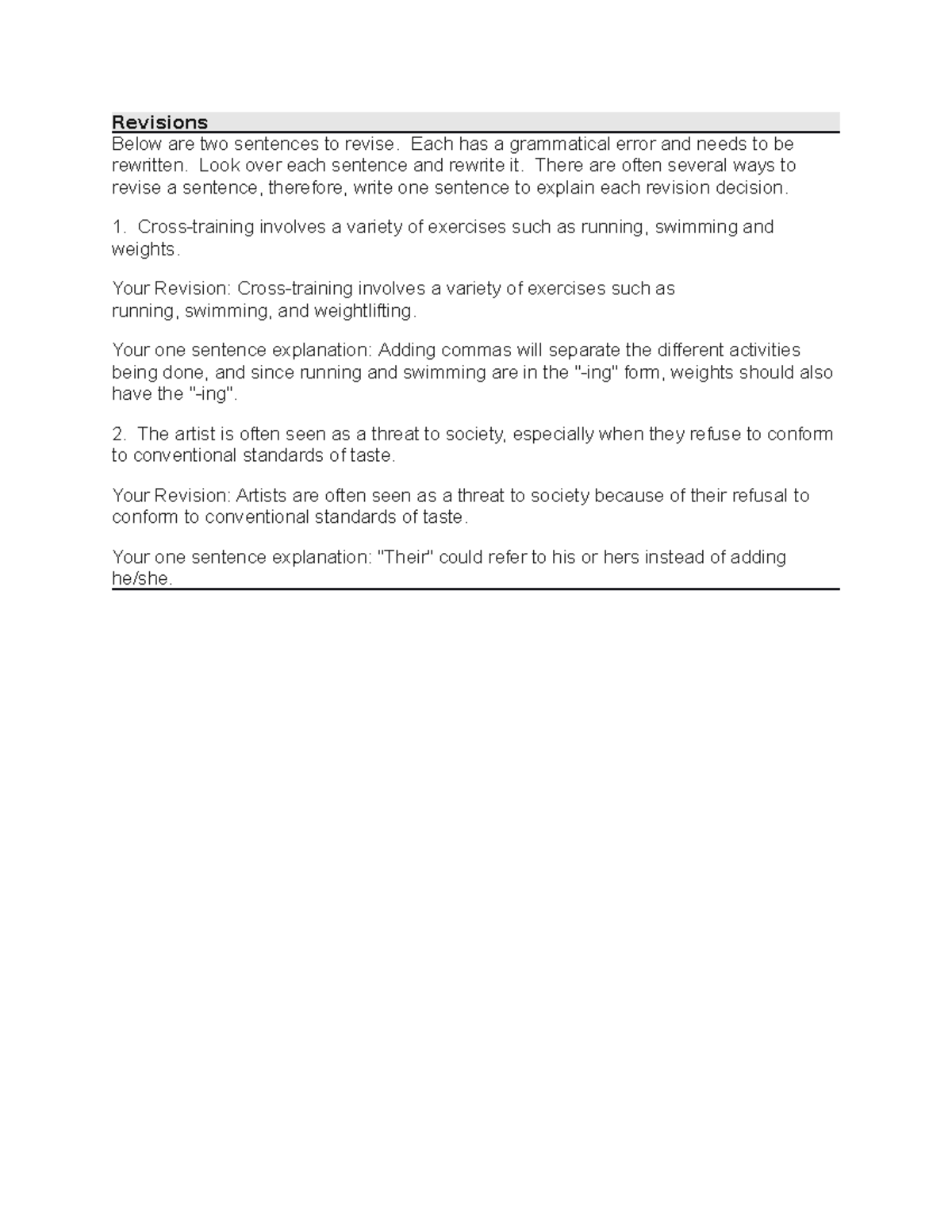 Grammatical error rev - Revisions Below are two sentences to revise ...