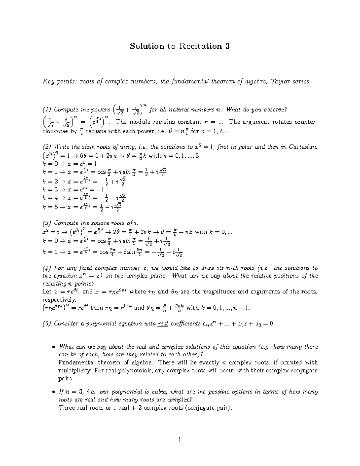 Solution Recitation 3 - Solution to Recitation 3 Key points: roots of complex numbers, the - Studocu