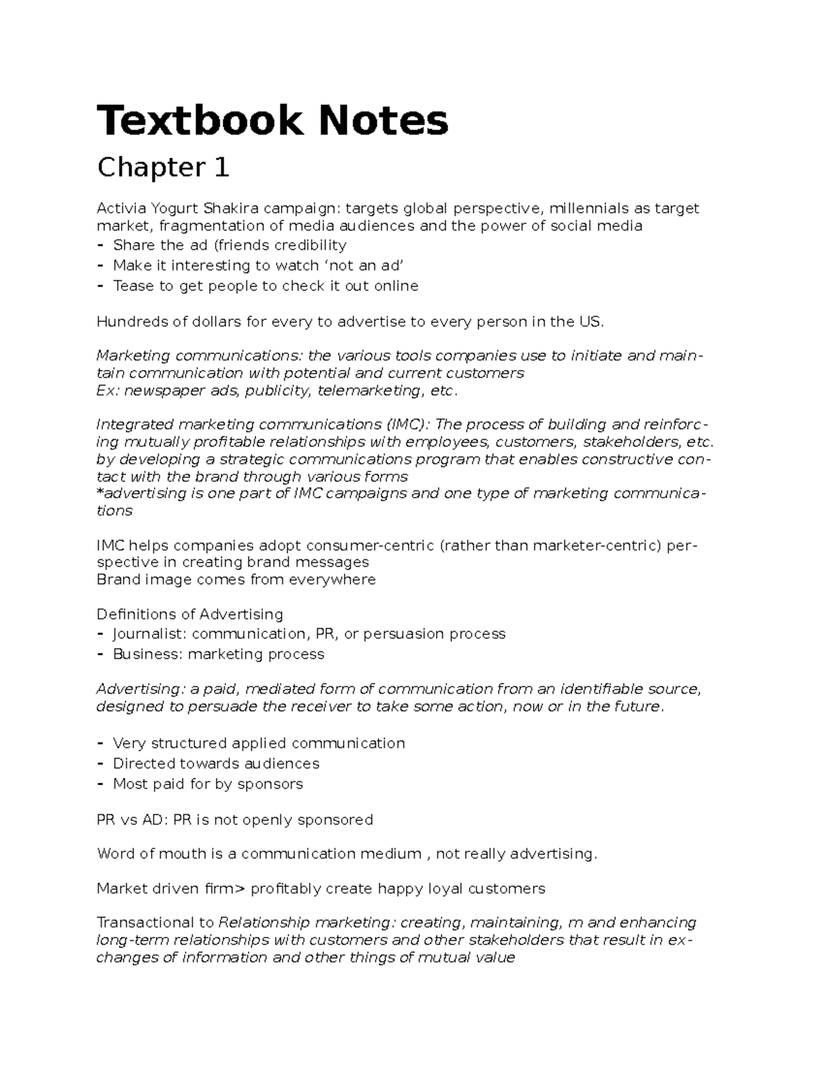 Textbook notes - Textbook Notes Chapter 1 Activia Yogurt Shakira ...