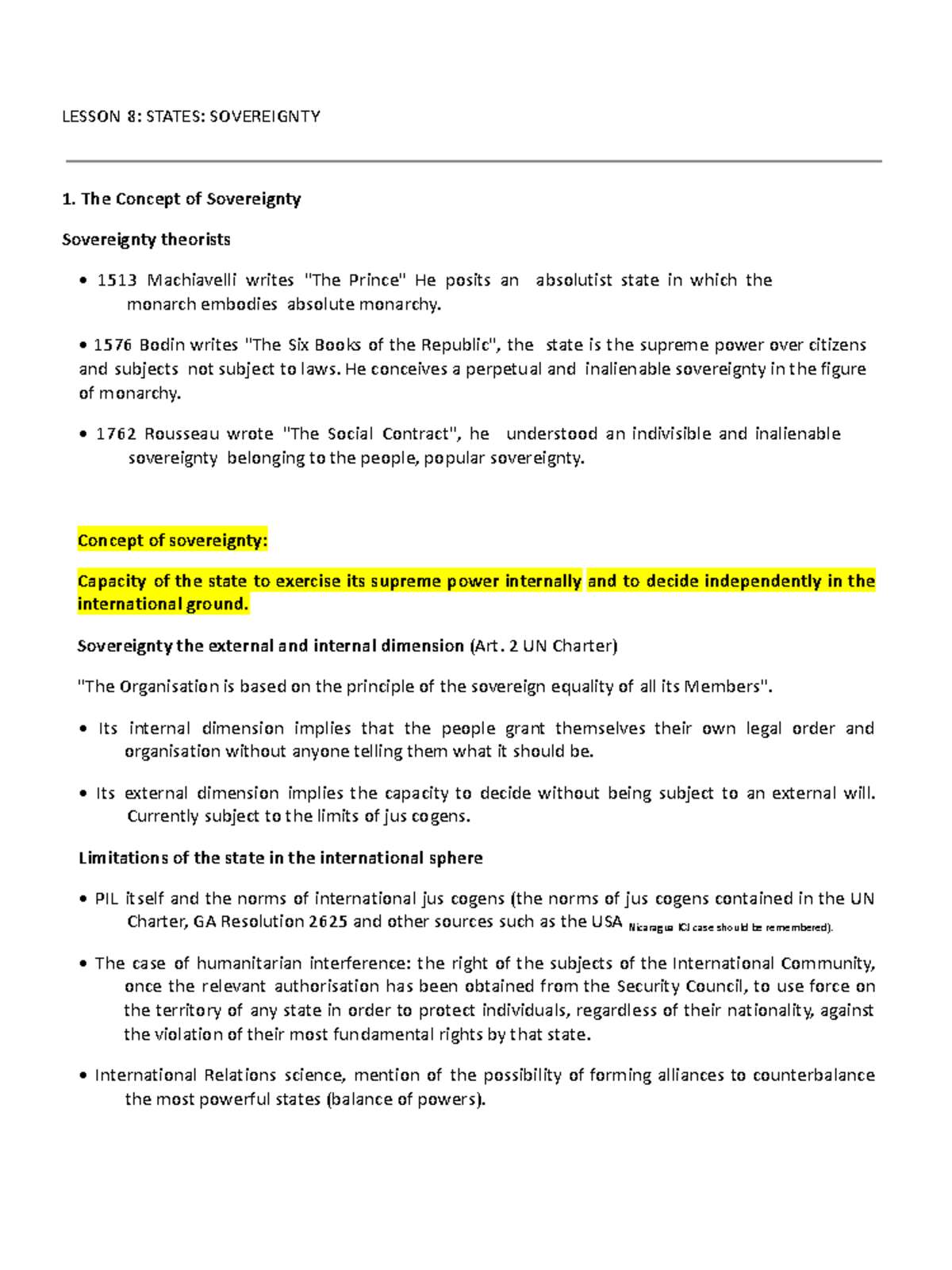 Lesson 8 - apuntes - LESSON 8: STATES: SOVEREIGNTY 1. The Concept of ...