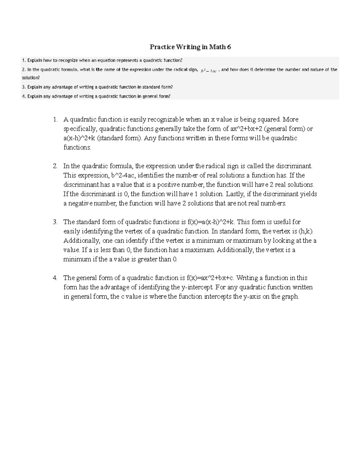 Writing in Math Module 6 - Practice Writing in Math 6 A quadratic ...