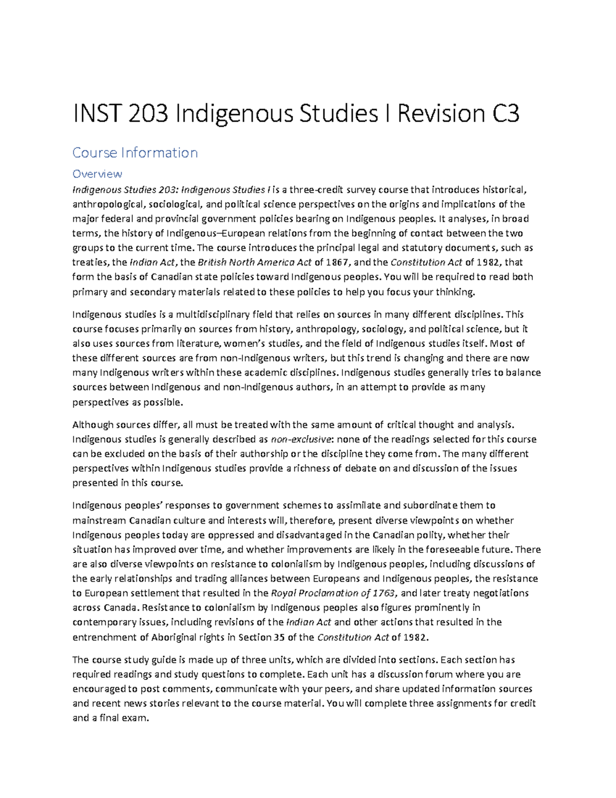 INST 203 Indigenous Studies Syllabus - INST 203 Indigenous Studies I ...