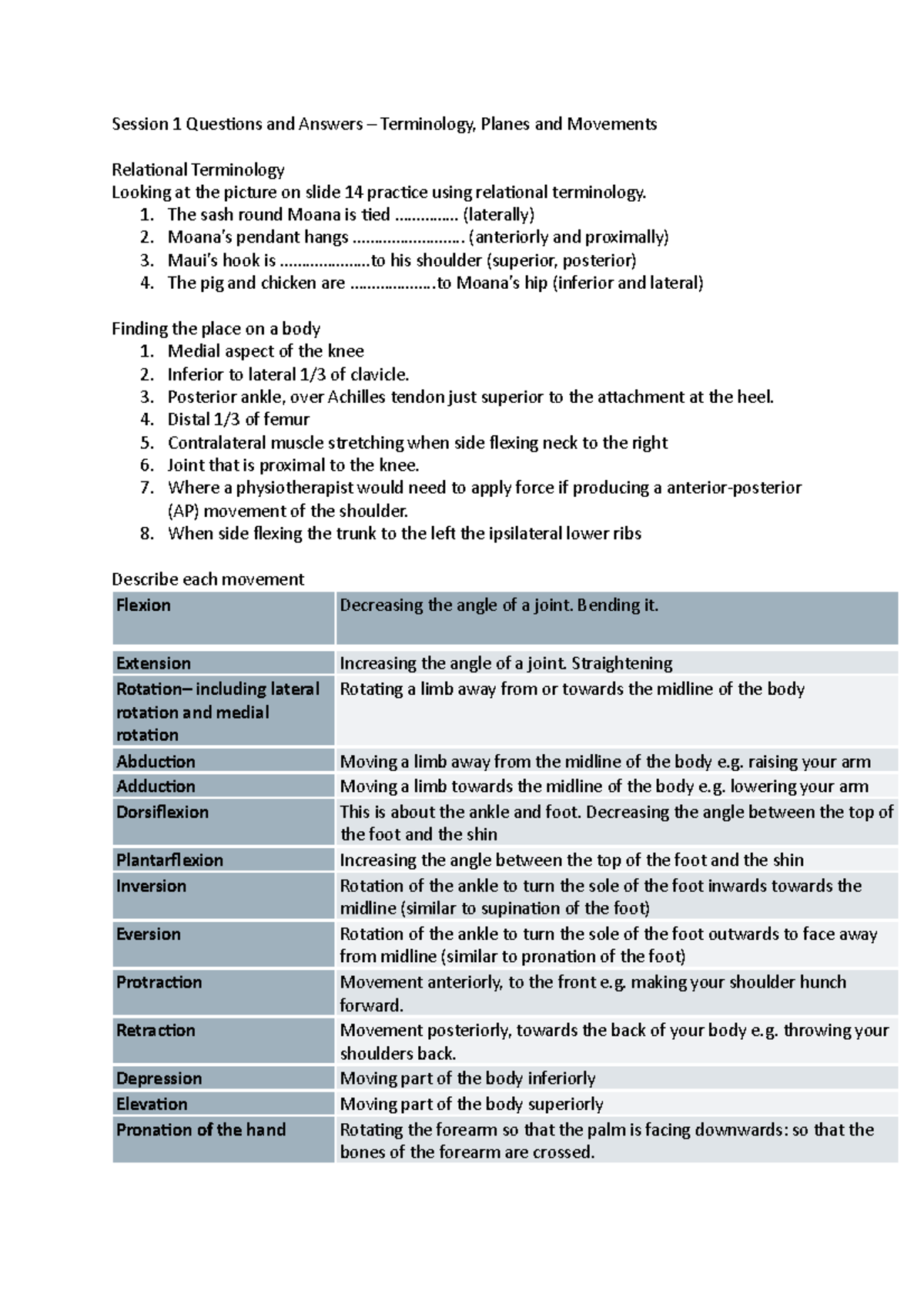 Anatomy (Terminology, Planes and Movements) Questions and Answers ...