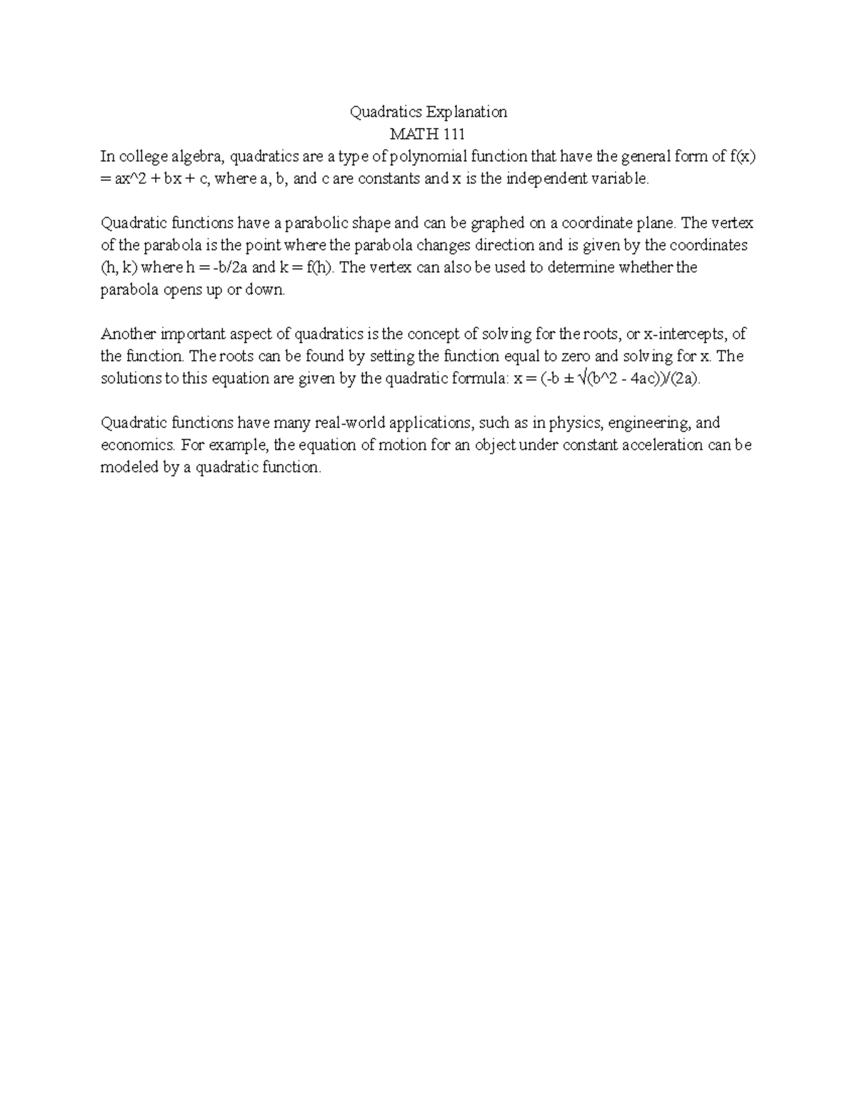 Quadratics Explanation - Quadratics Explanation MATH 111 In college ...