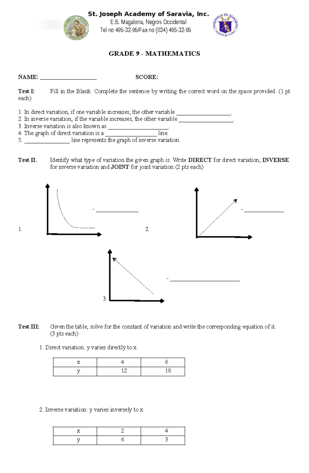 Math G9 Periodical Test-1 - GRADE 9 - MATHEMATICS NAME: SCORE: Test I ...