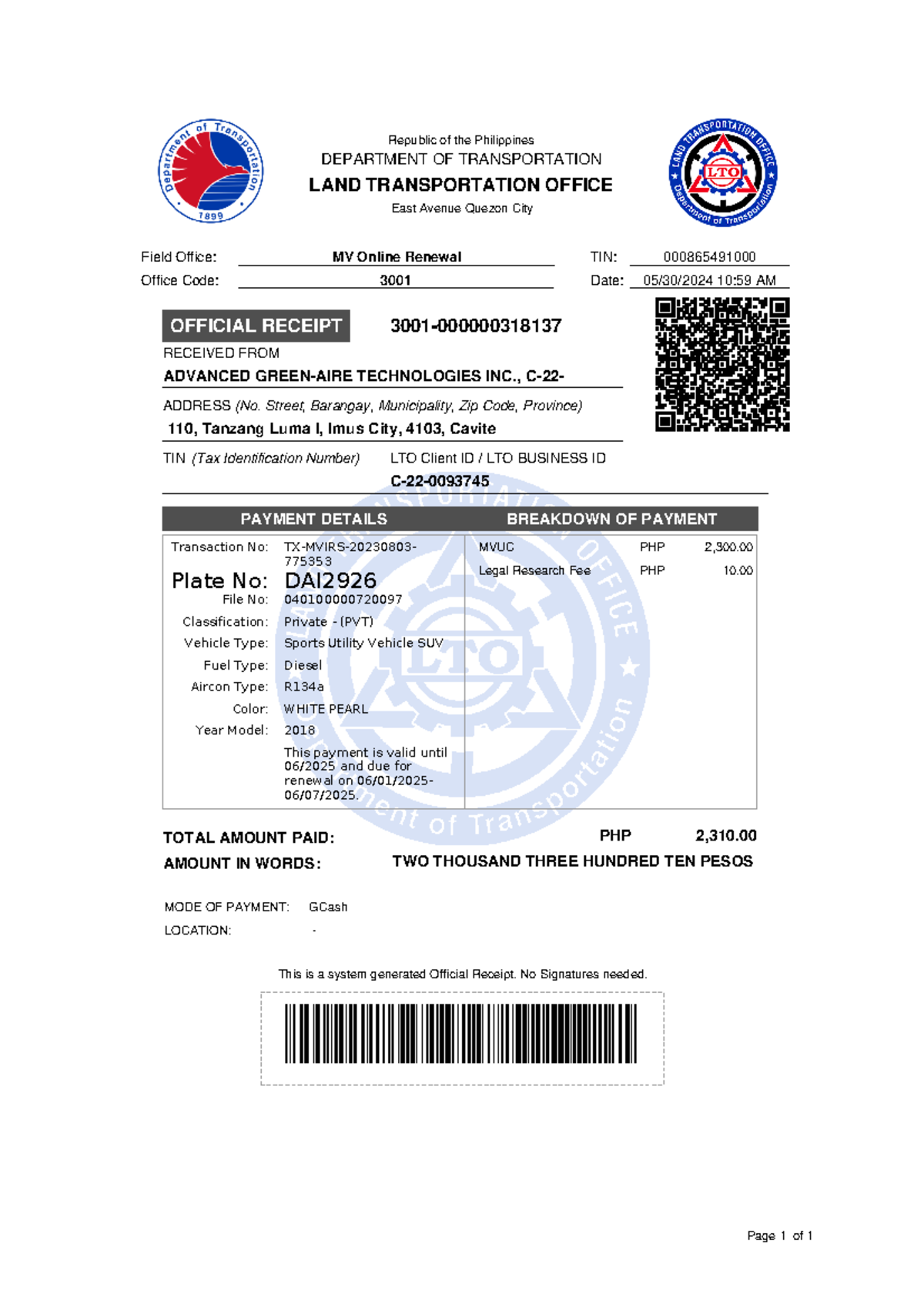 Fortuner OR Registration May 30 2024 - MV Online Renewal 3001 3001 ...