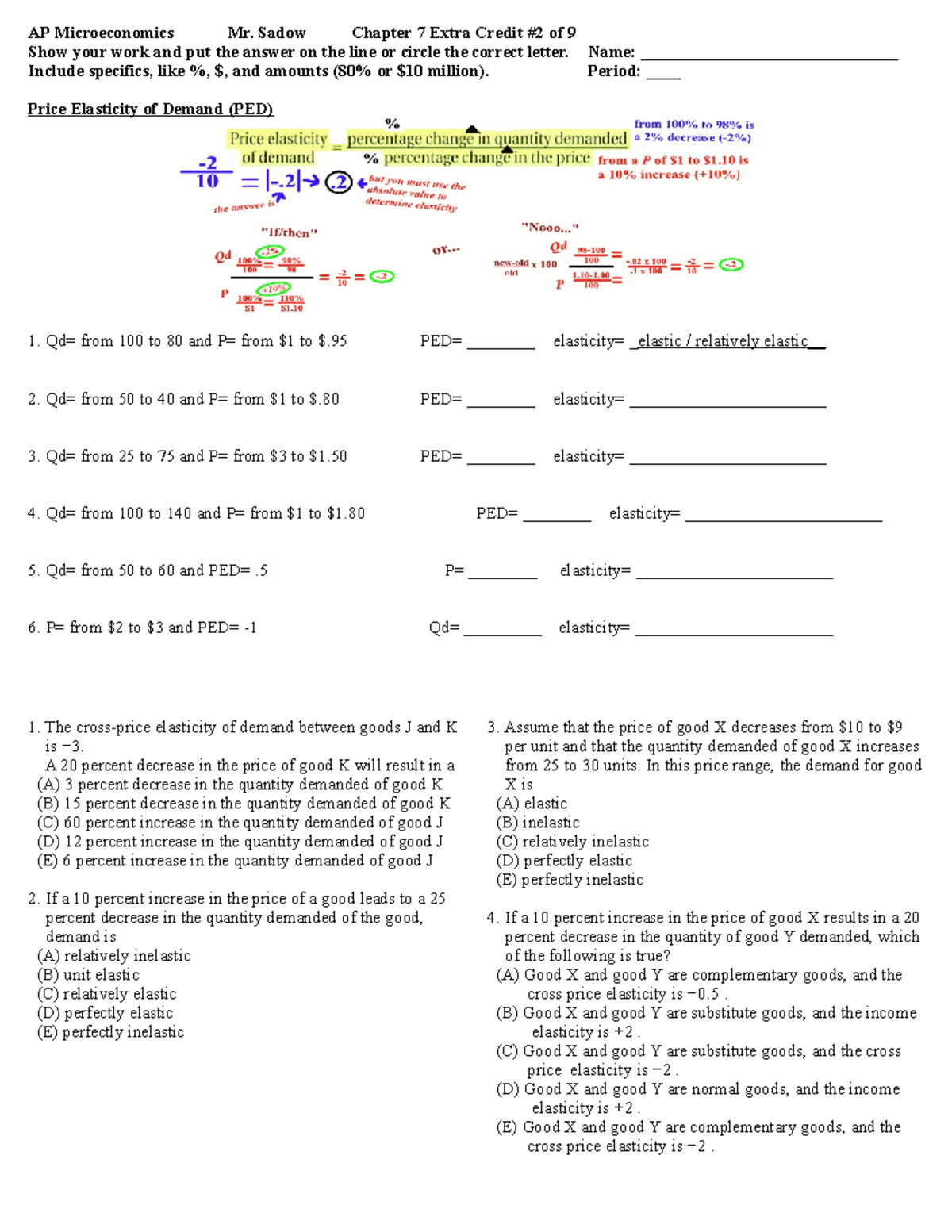 Chap7 extra credit 2 price elasticity of demand - AP Microeconomics Mr ...