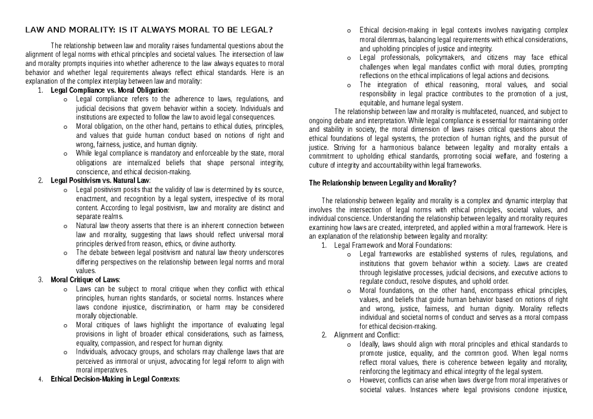 LAW AND Morality - LAW AND MORALITY: IS IT ALWAYS MORAL TO BE LEGAL ...