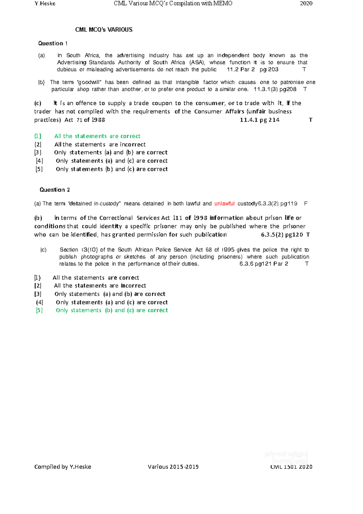 CML 1501 MCQ's Student assist for EXAM - Y CML Various MCQ’s ...