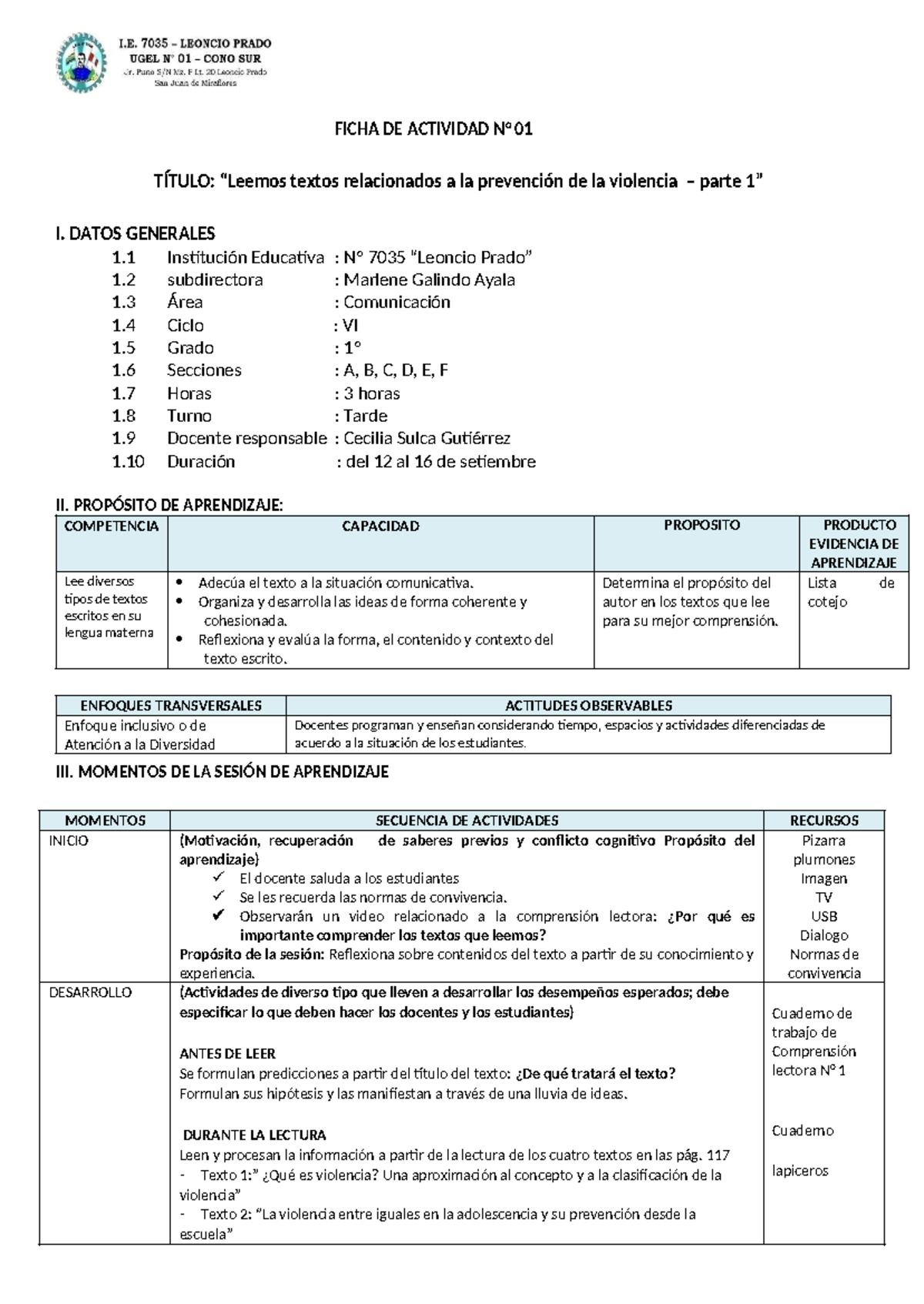 ACT 1 EDA seia - Actividades - FICHA DE ACTIVIDAD N° 01 TÍTULO: “Leemos textos relacionados a la ...