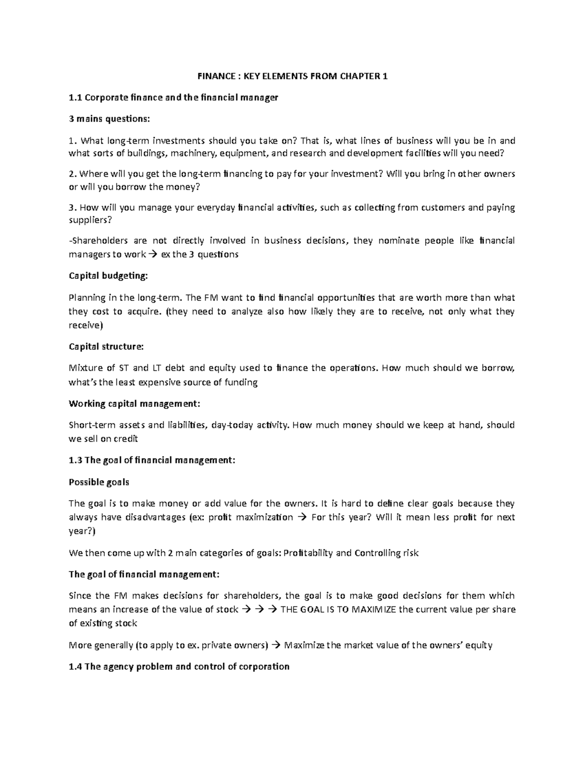 Finance cours 1 - Lecture - FINANCE : KEY ELEMENTS FROM CHAPTER 1 1 ...