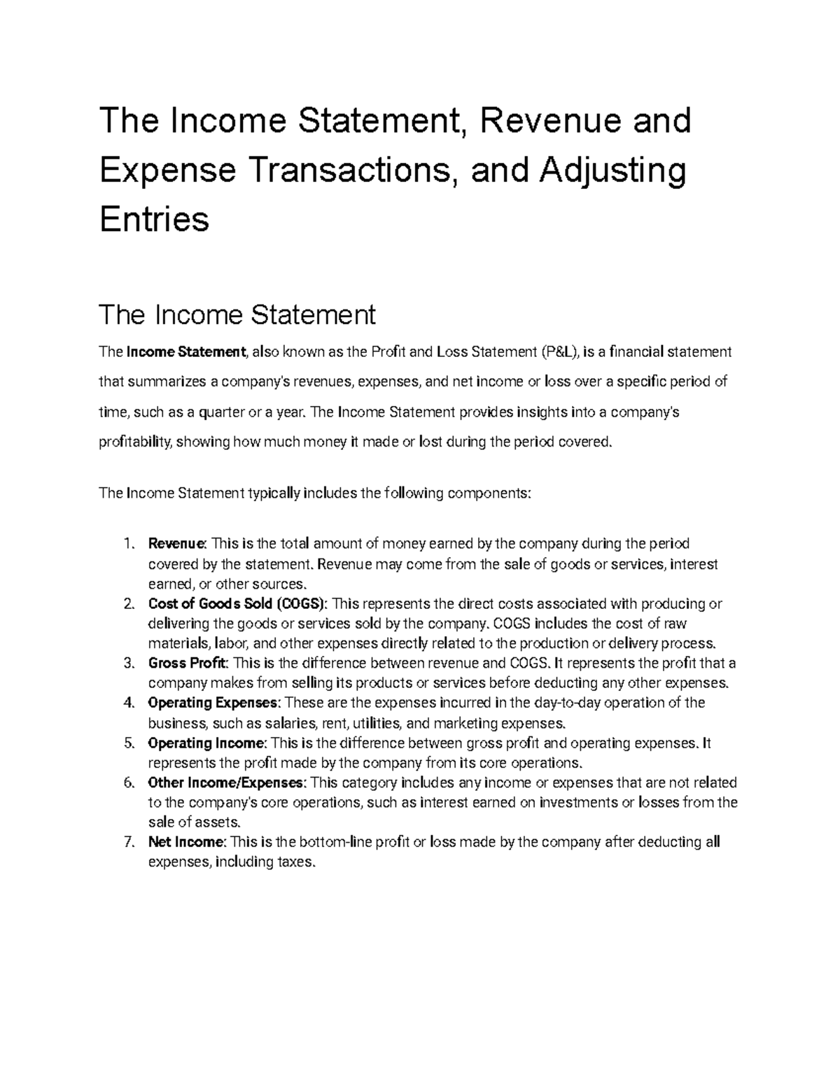The Income Statement, Revenue and Expense Transactions, and Adjusting ...