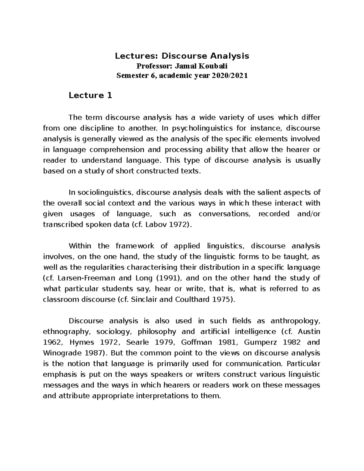 1 M33 S6p2 Discourse Analysis Lecture 1 Pr Koubali Lectures Discourse Analysis Professor 6645