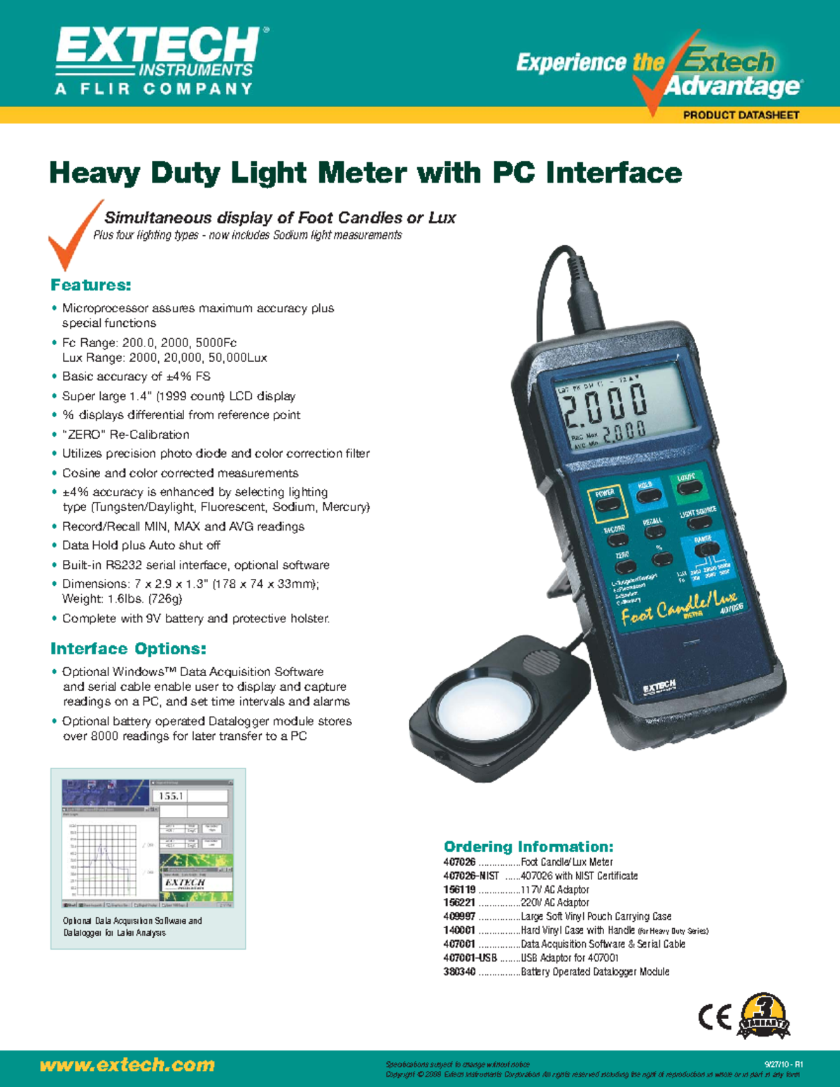 Ficha tecnica.Luxometro Extech 407026 FT IN-2012 - Specifications ...