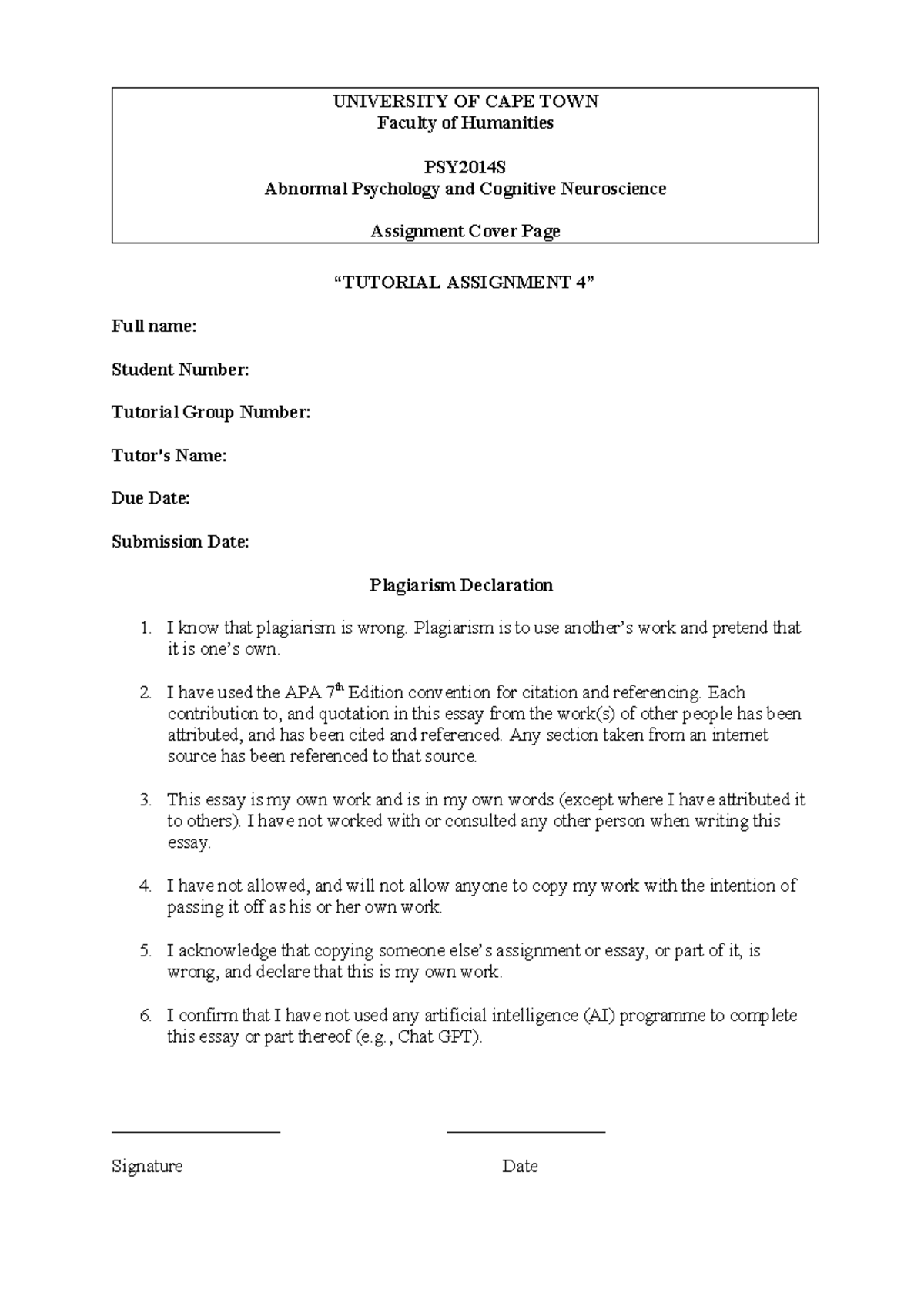 PSY2014 S Tutorial Assignment 4 - UNIVERSITY OF CAPE TOWN Faculty of ...